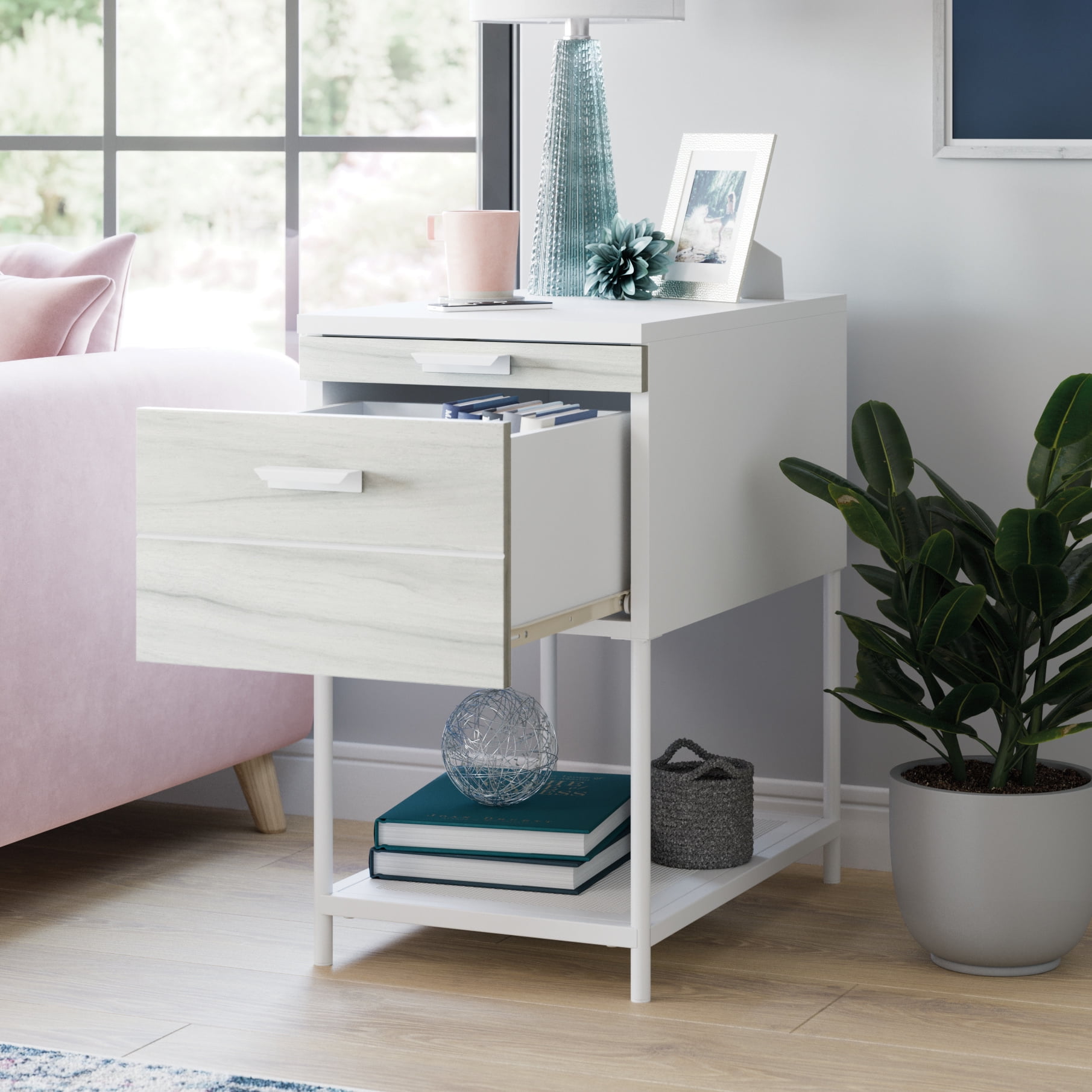 Sauder Boulevard Cafe, Side Table With Pull Out Tray and Drawer White ...