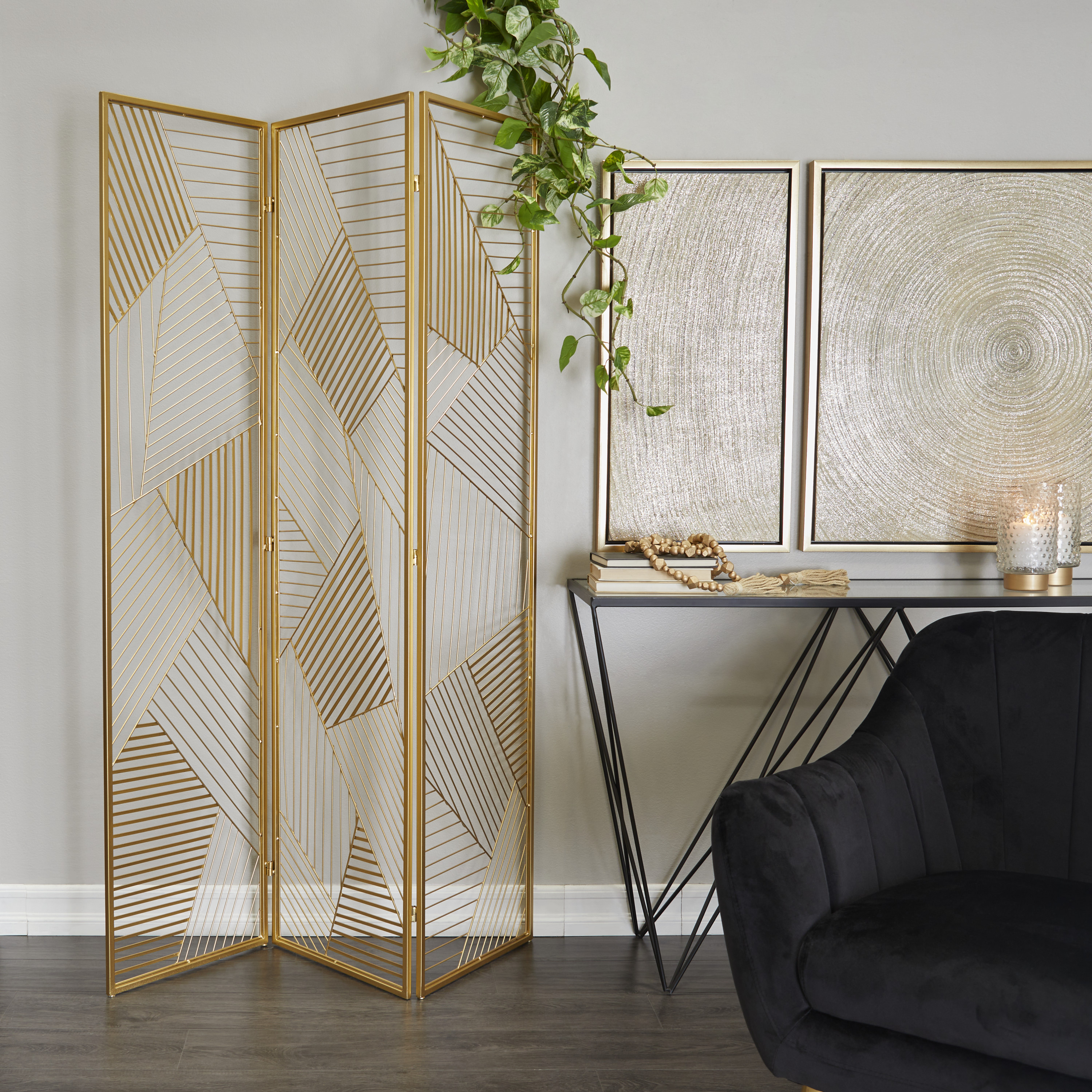 DecMode 43" x 67" Gold Metal Geometric Hinged Foldable Partition 3 ...