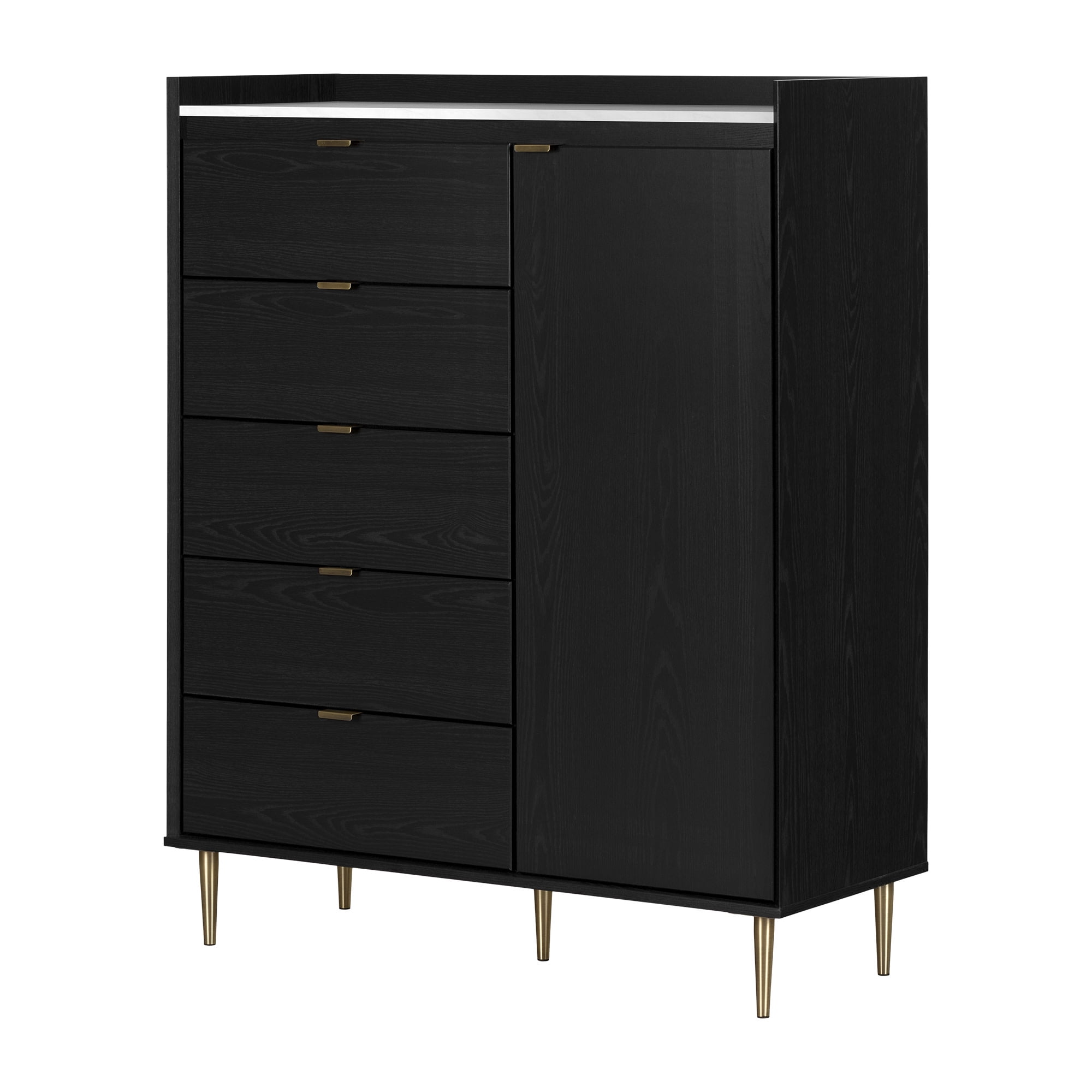 South Shore Hype, Mid-century Glam Door Chest with 5 Drawers, Black Oak ...
