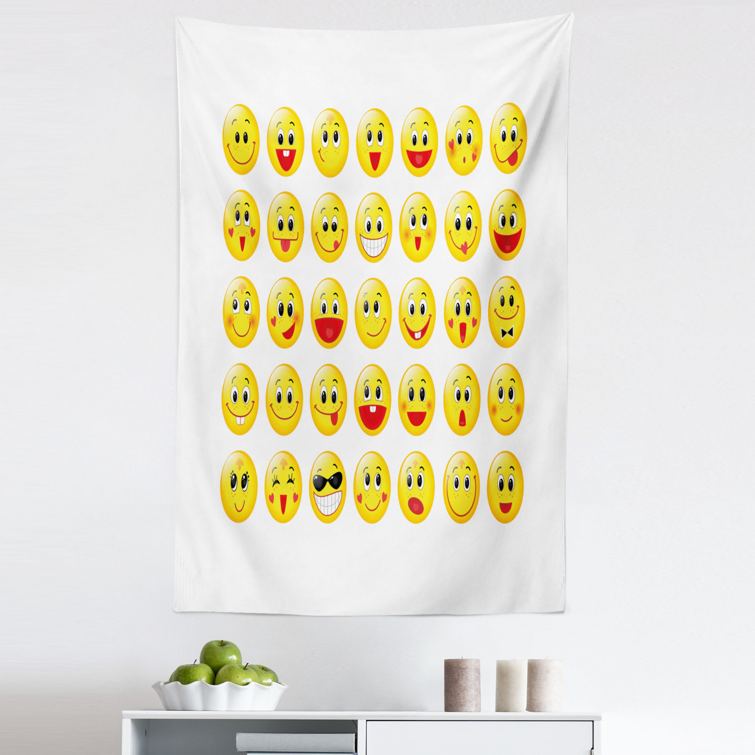 Emoticon Tapestry, Funny Yellow Heads Various Facial Expressions Round ...