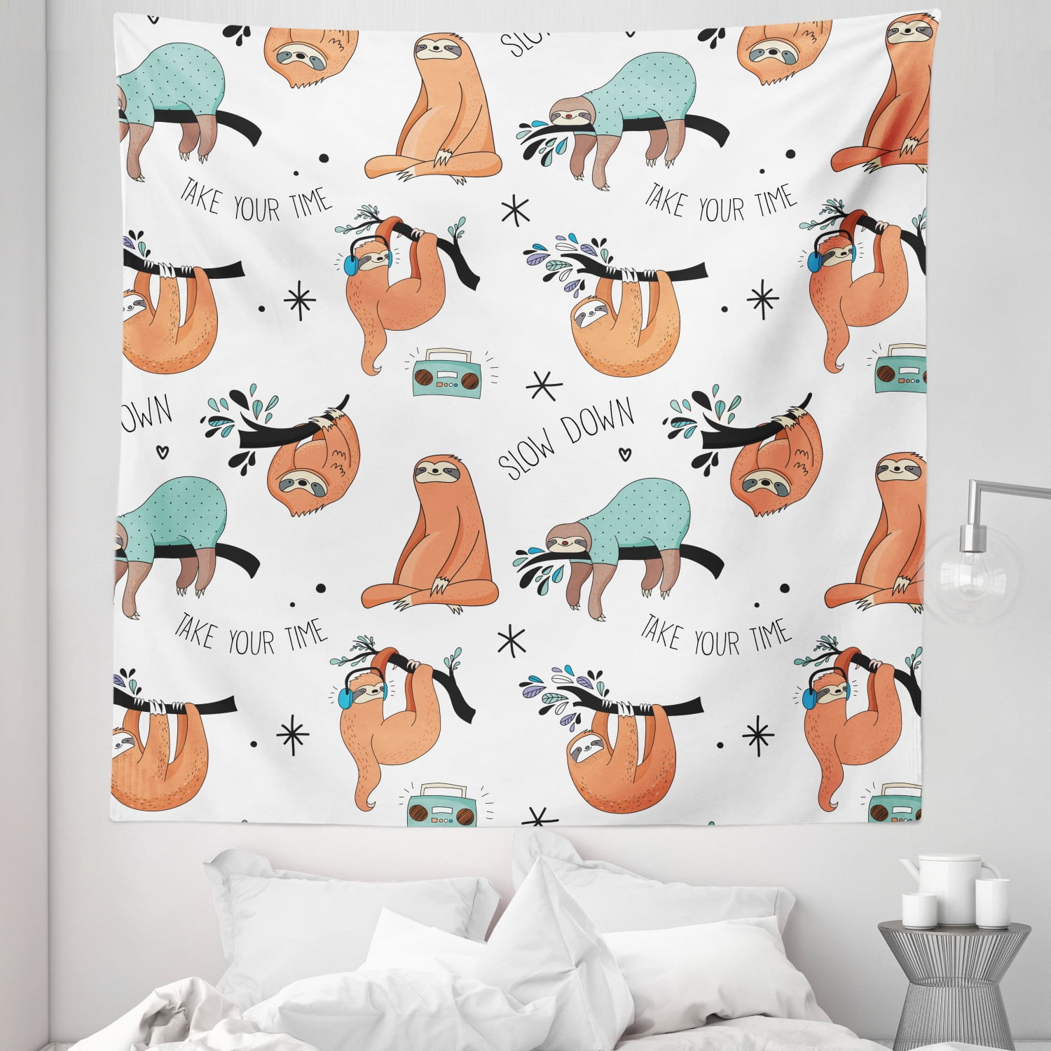 Sloth Tapestry, Pattern Hand Drawn Sloths on Branches Laziness Mood ...