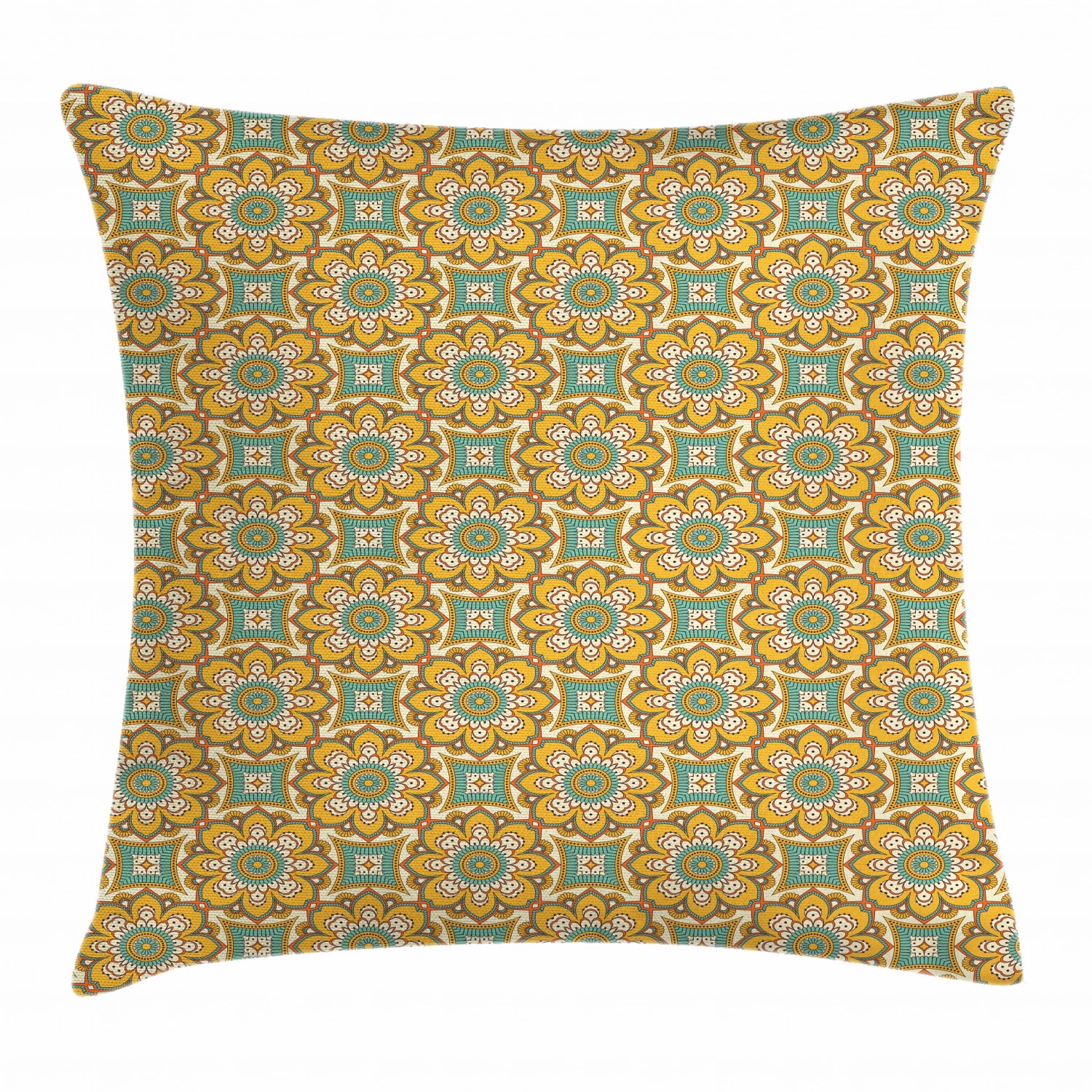 Ethnic Throw Pillow Cushion Cover, Hand Drawn Colorful Floral Design ...