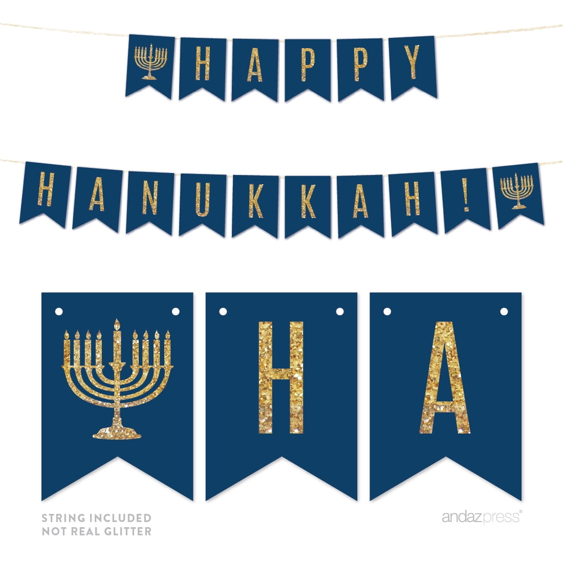 Happy Hanukkah! Gold Glitter Holiday Hanging Pennant Party Banner ...