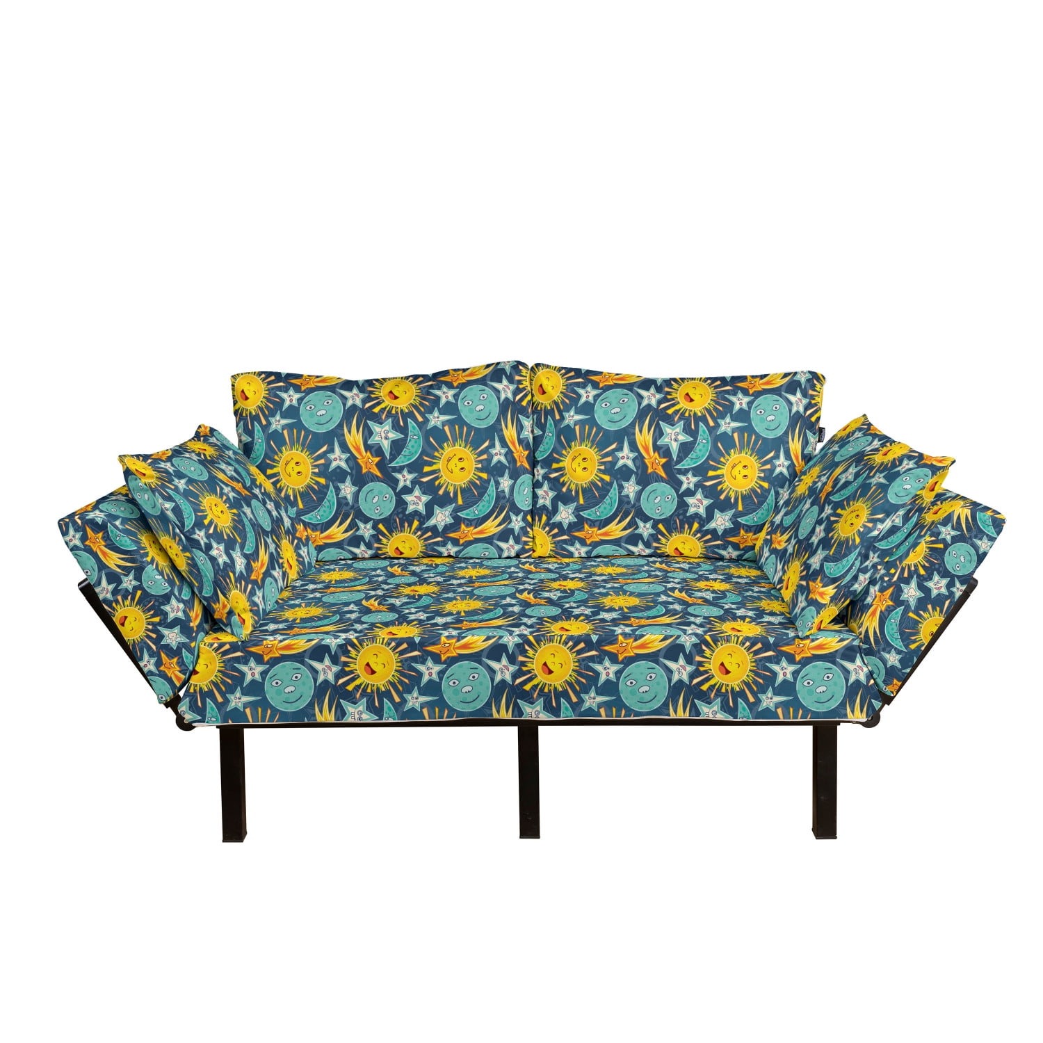 Stars Futon Couch, Sun and Moon Pattern in Cartoon Style Heavenly ...
