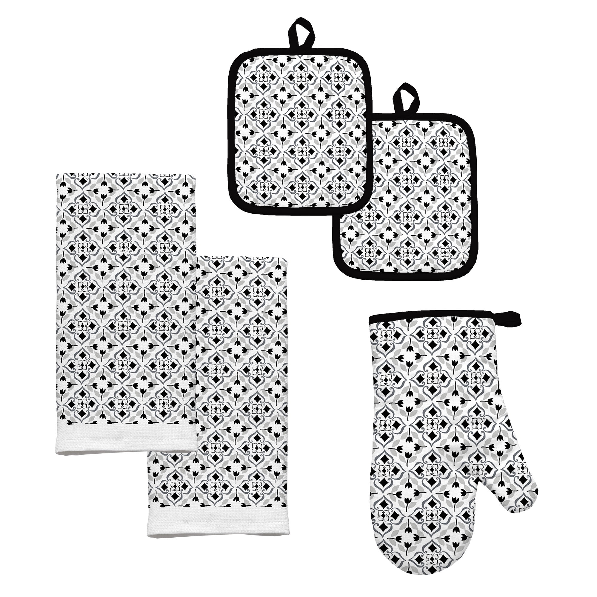 Mainstays Cotton Kitchen Textile Set, Black and White Geometric, 5 ...
