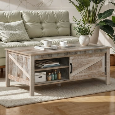 LINSY HOME Coffee Table with Storage & Sliding Barn Doors,Farmhouse ...