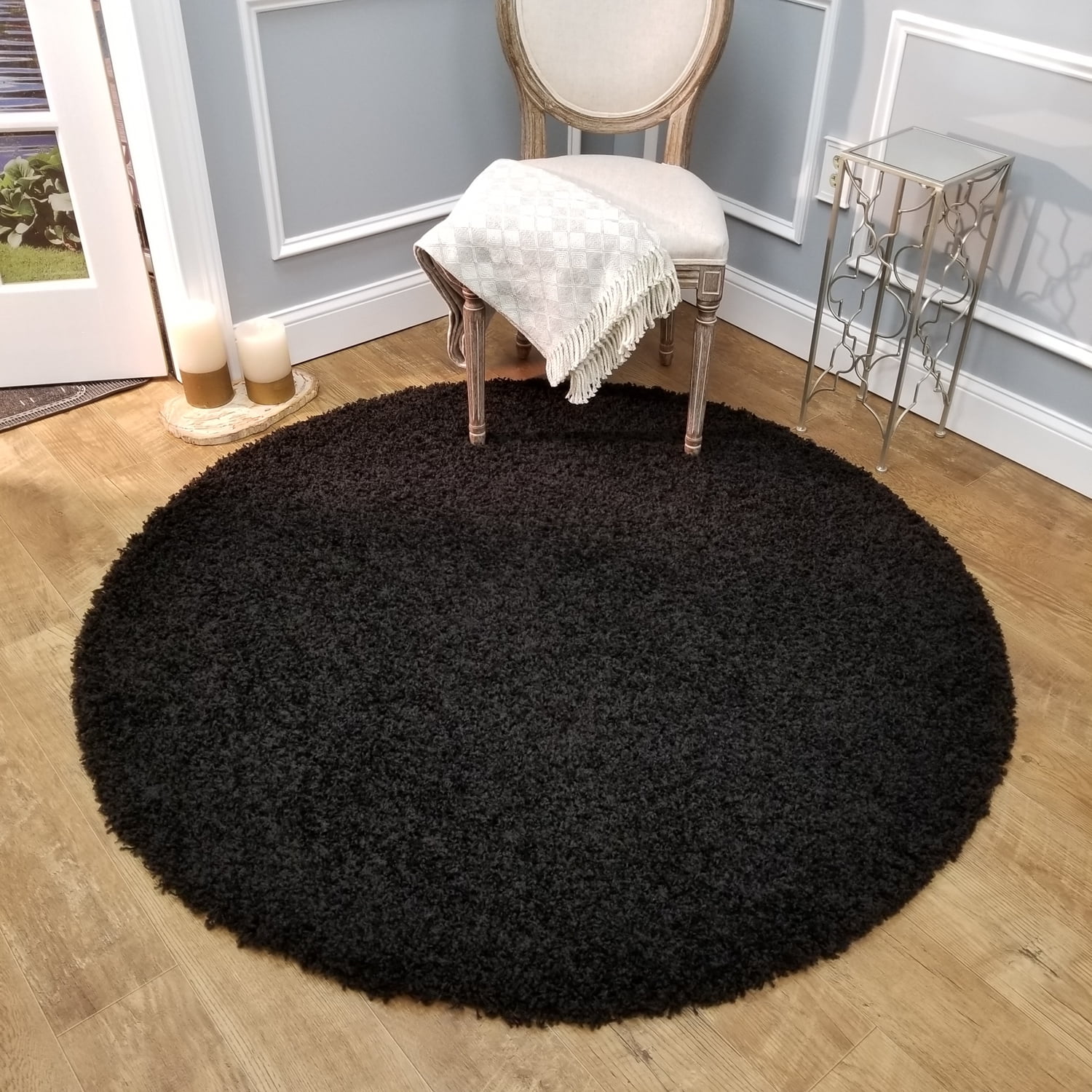 Maxy Home Bella Solid Black 5 ft. Round Shag Area Rug - Walmart.com