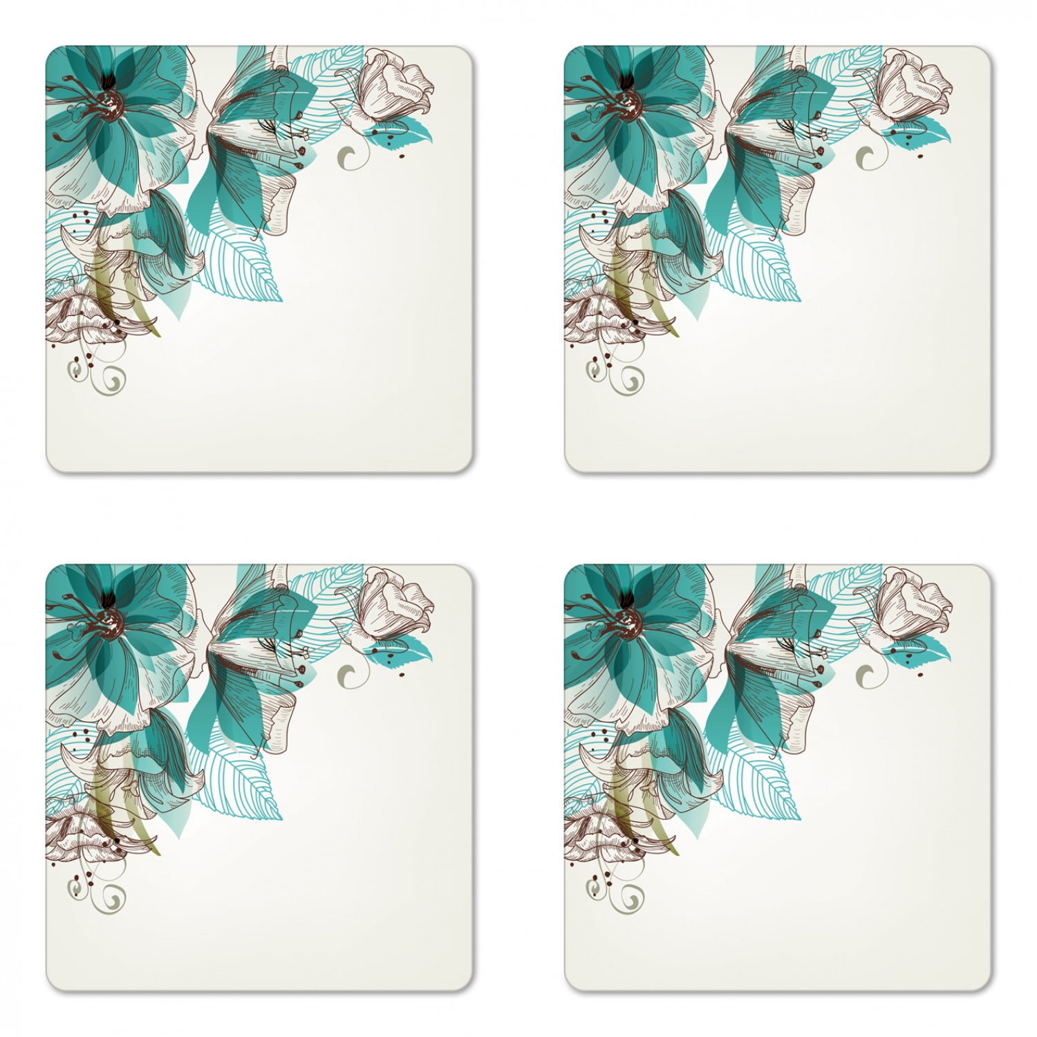 Turquoise Coaster Set of 4, Flowers Buds Leaf at the top Left Corner ...