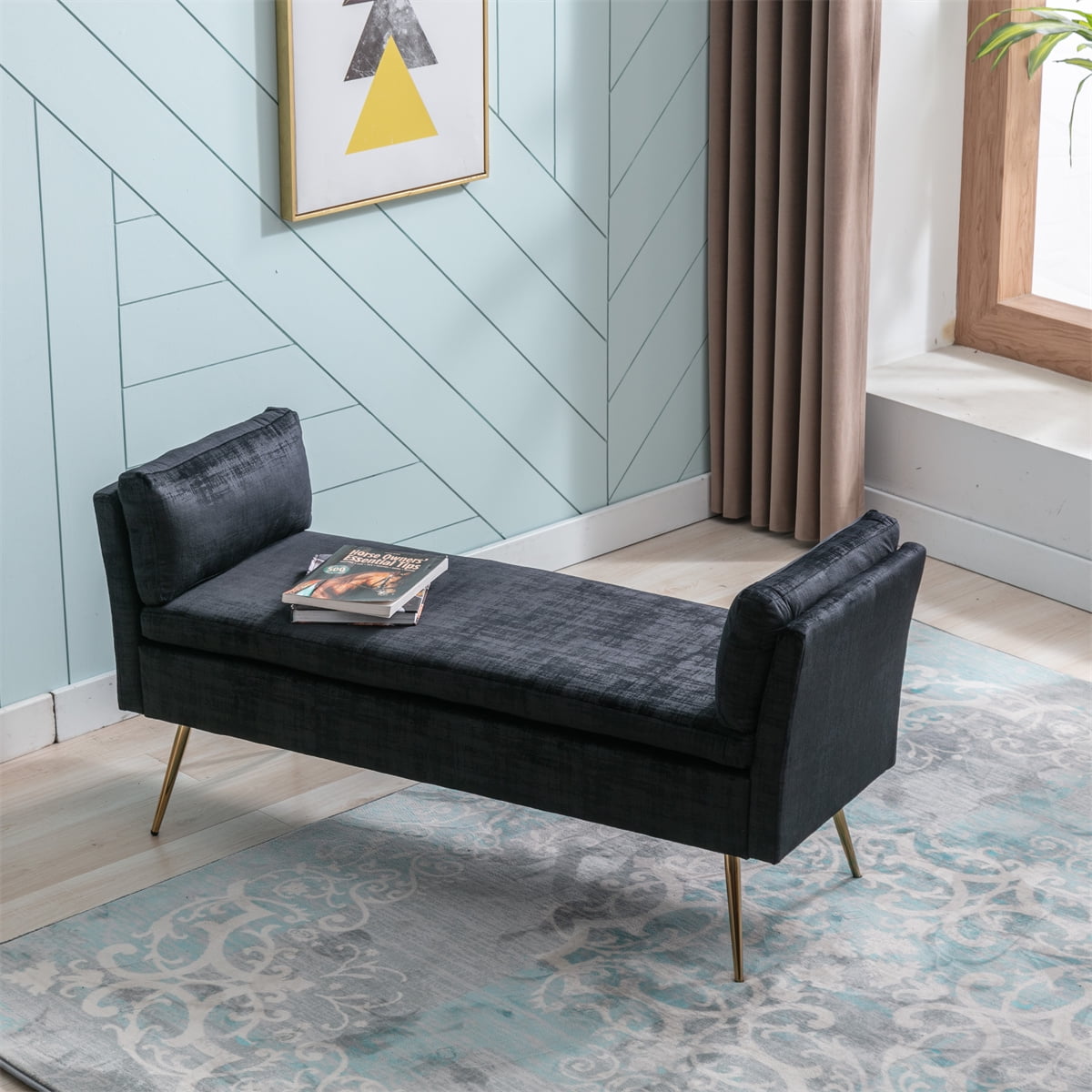 Velvet Accent Bench, Upholstered Living Room Bench with Padded Seat ...