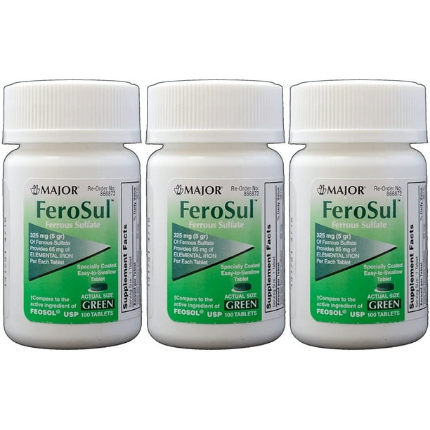 Pack of 3 Major Ferosul Tablets, 325 mg, Green, 300 Count - Walmart.com