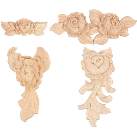 4pcs Rose Flower Wood Carved Applique Onlay Corner Frame Decal Vintage ...