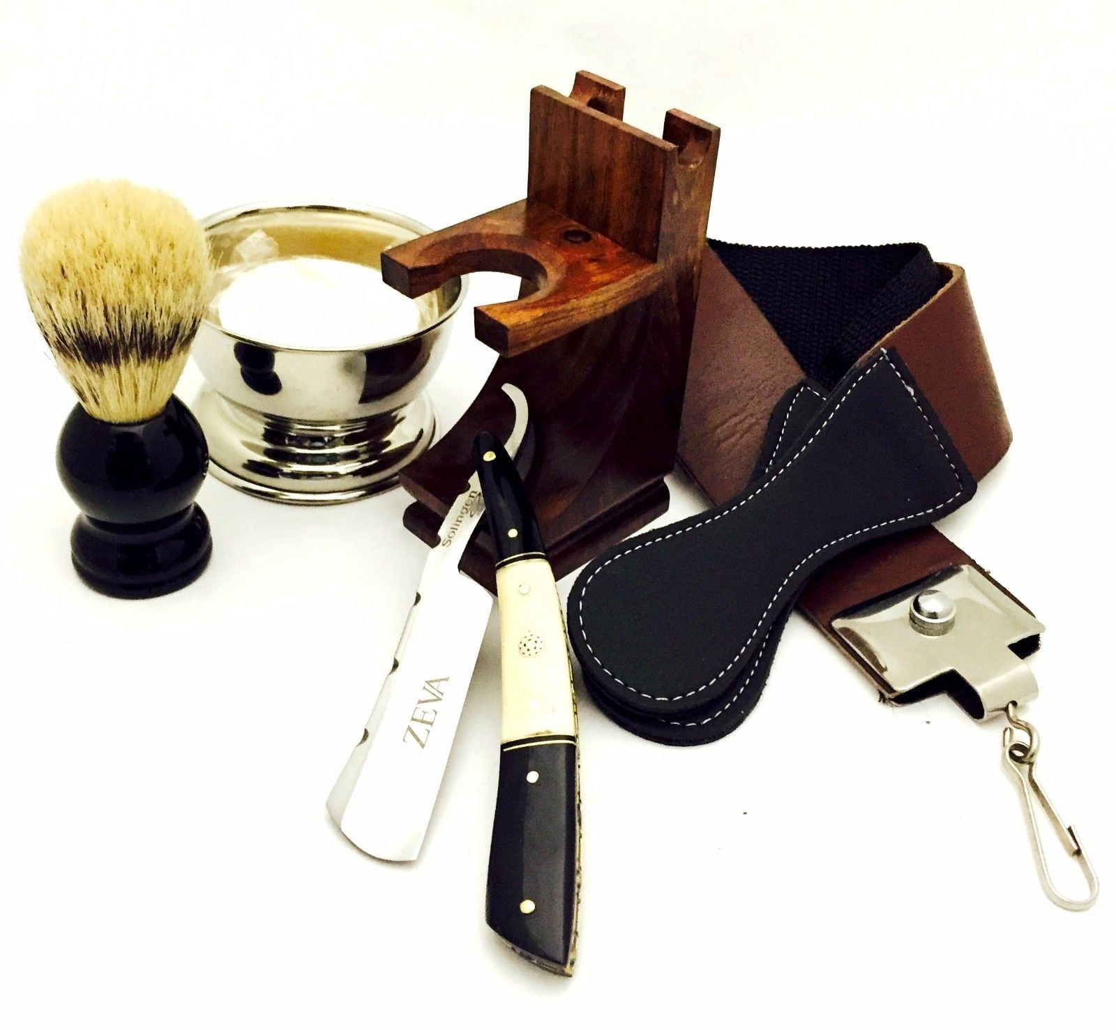 ZEVA SOLINGEN BUFFALO HORN & CAMEL BONE STRAIGHT RAZOR SHAVING SET IN ...