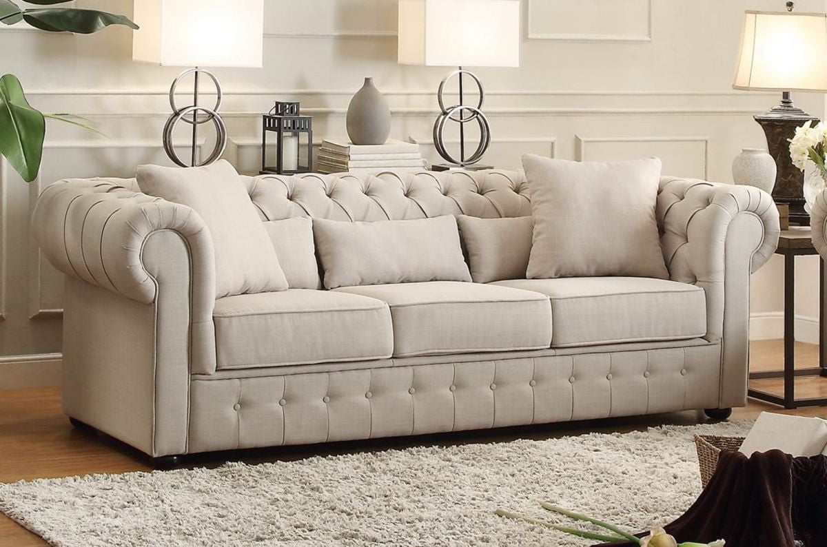 Leonora Sofa - Button Tufted Neutral Fabric - Walmart.com