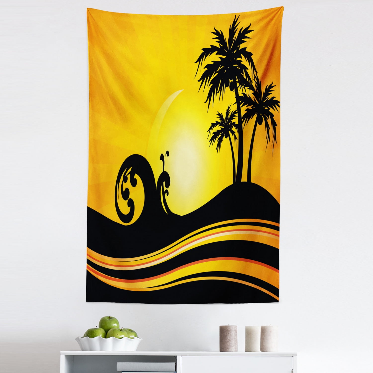 Beach Tapestry, Summer Holiday Themed Wave and Tree Silhouette Sun Rays ...