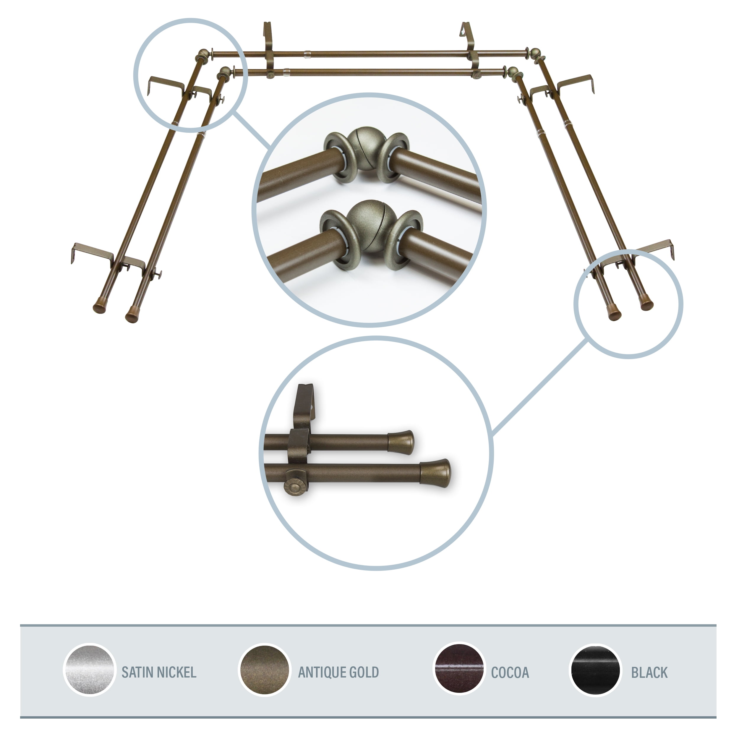 5/8" Dia Bay Window Double Curtain rod, Adjustable 20"-36", 38"-72 ...