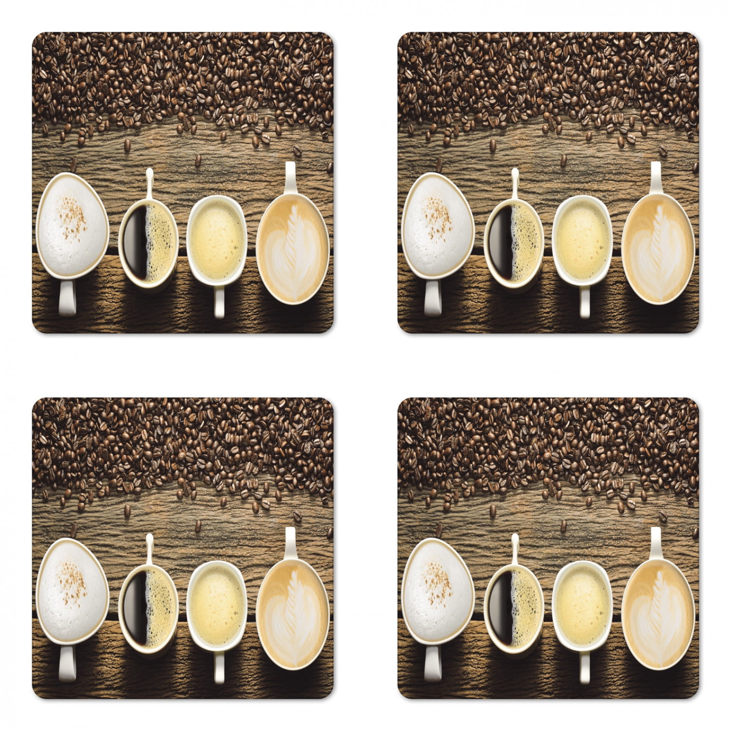 Coffee Coaster Set of 4, Assortment of Coffee Cups with Beans on Wooden ...
