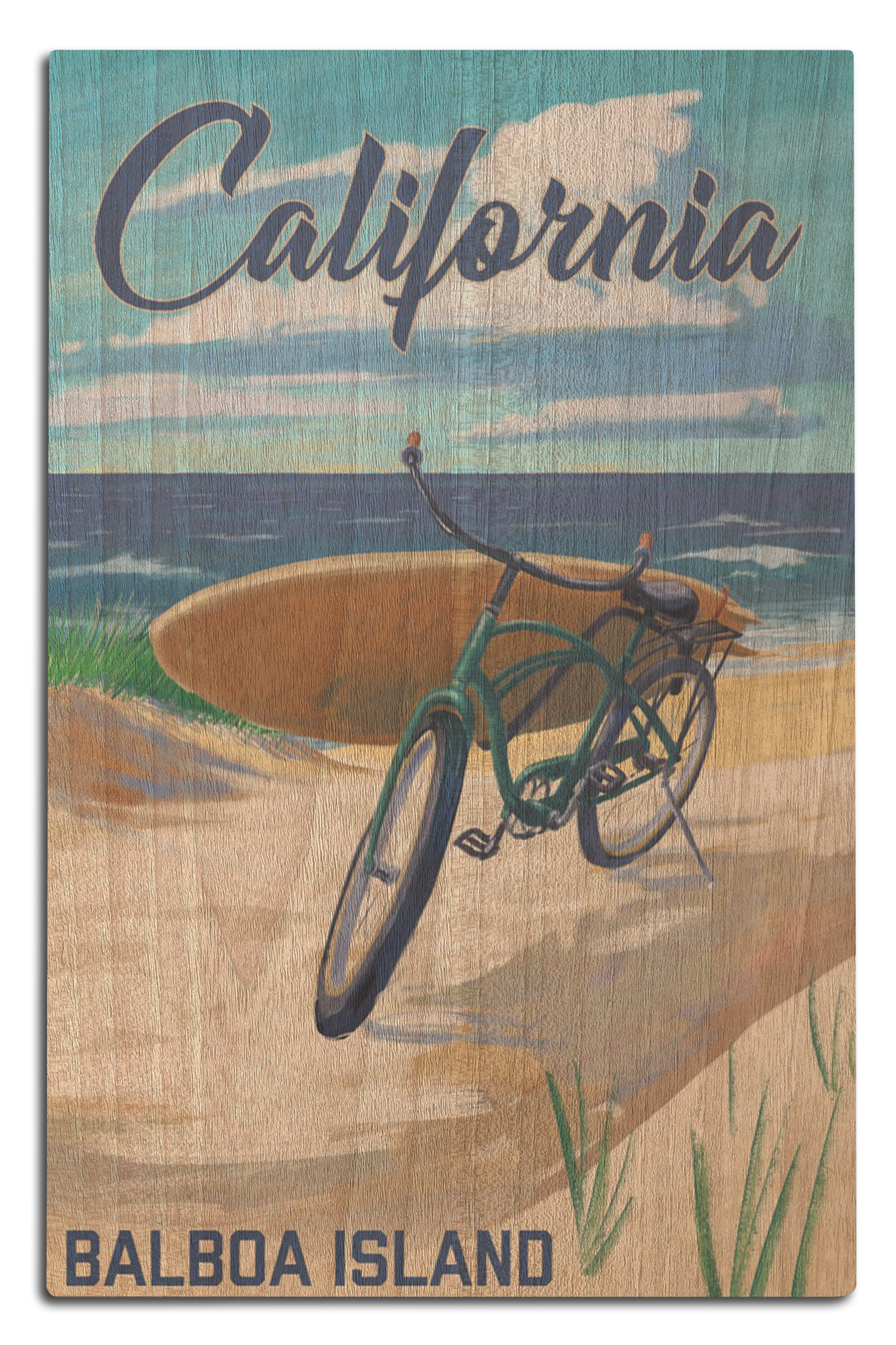 Balboa Island, California, Beach Cruiser on Beach Birch Wood Wall Sign ...