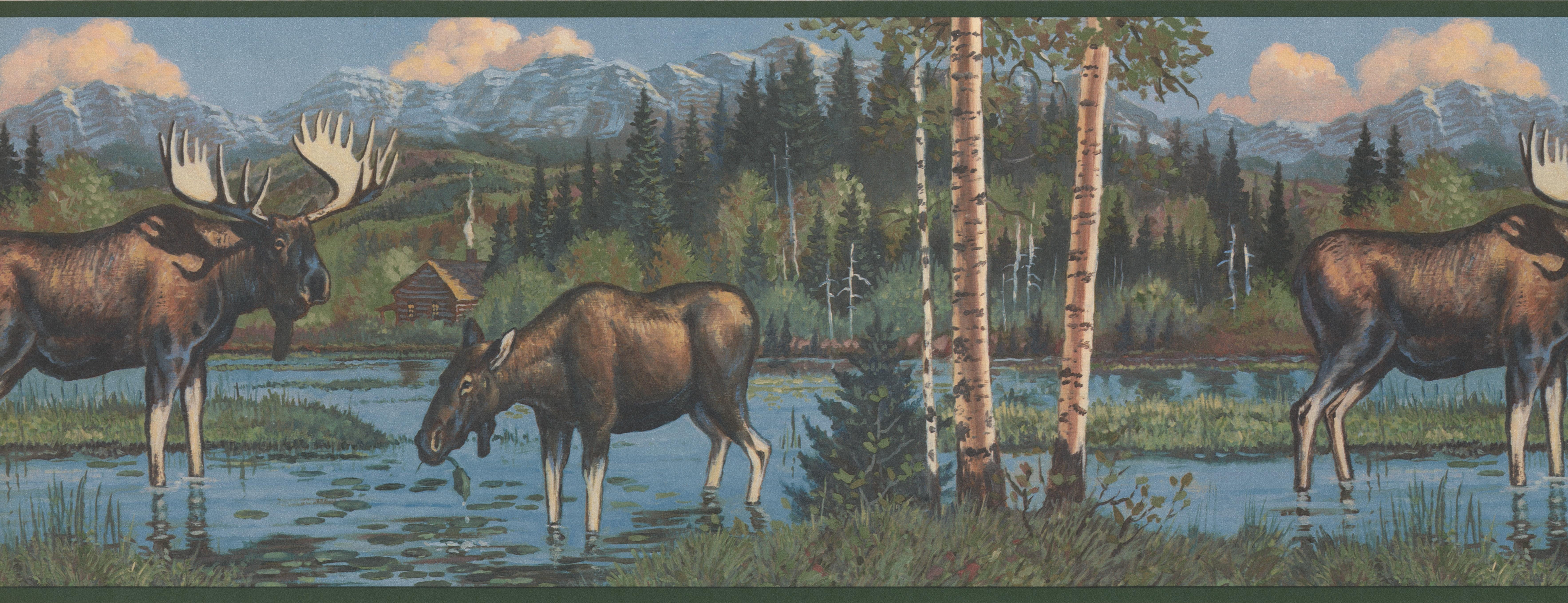 Moose in the Forest Swamp Wide Wallpaper Border Retro Design, Roll 15 ...