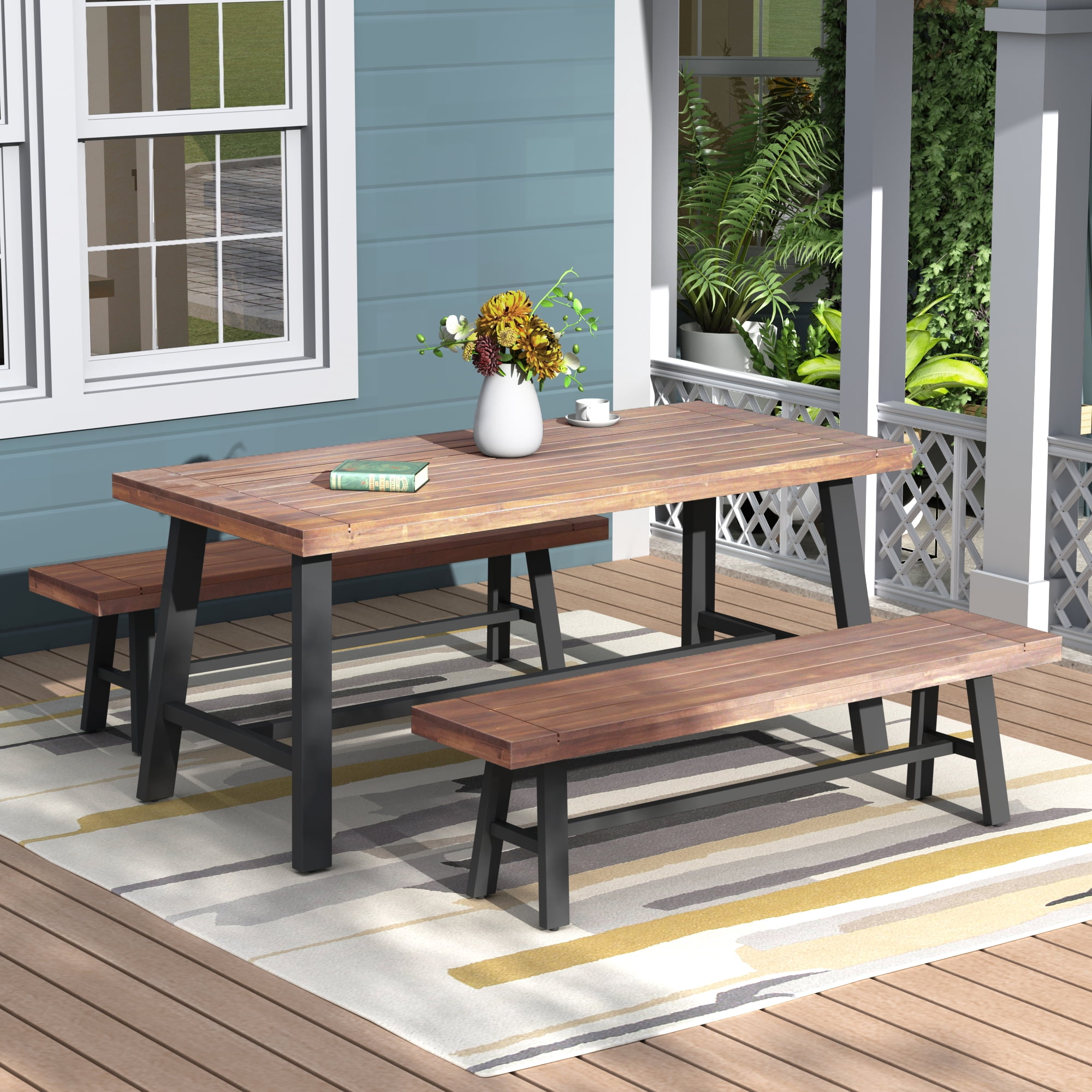 71 X 33 5 X 29 Wood Dinner Table With 2 Bench Rectangular Solid 71 X 33 5 X 29 Wood Dinner Table With 2 Bench Rectangular Solid