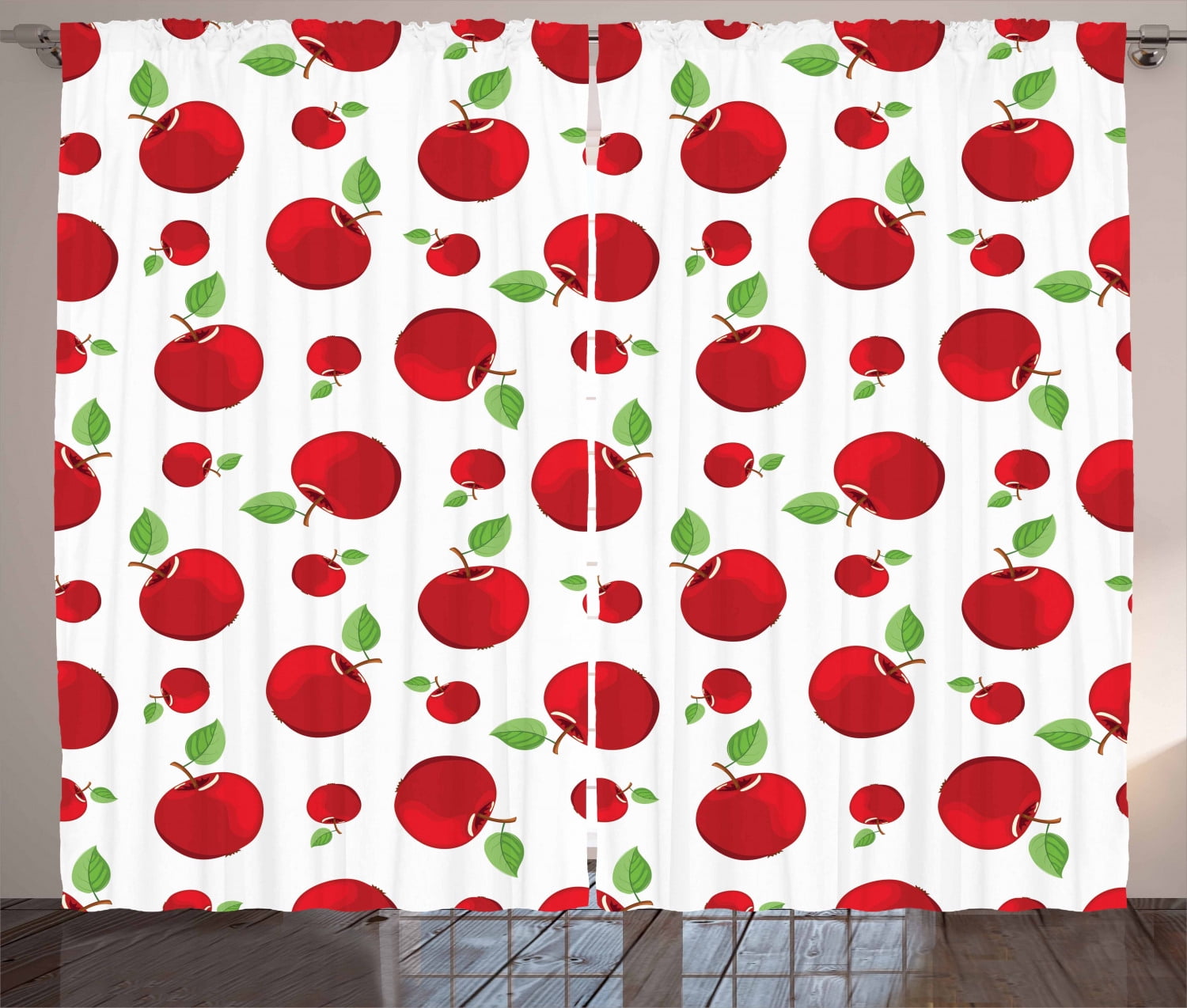 Apple Curtains 2 Panels Set, Vivid Colored Cartoon Style Ripe Red ...