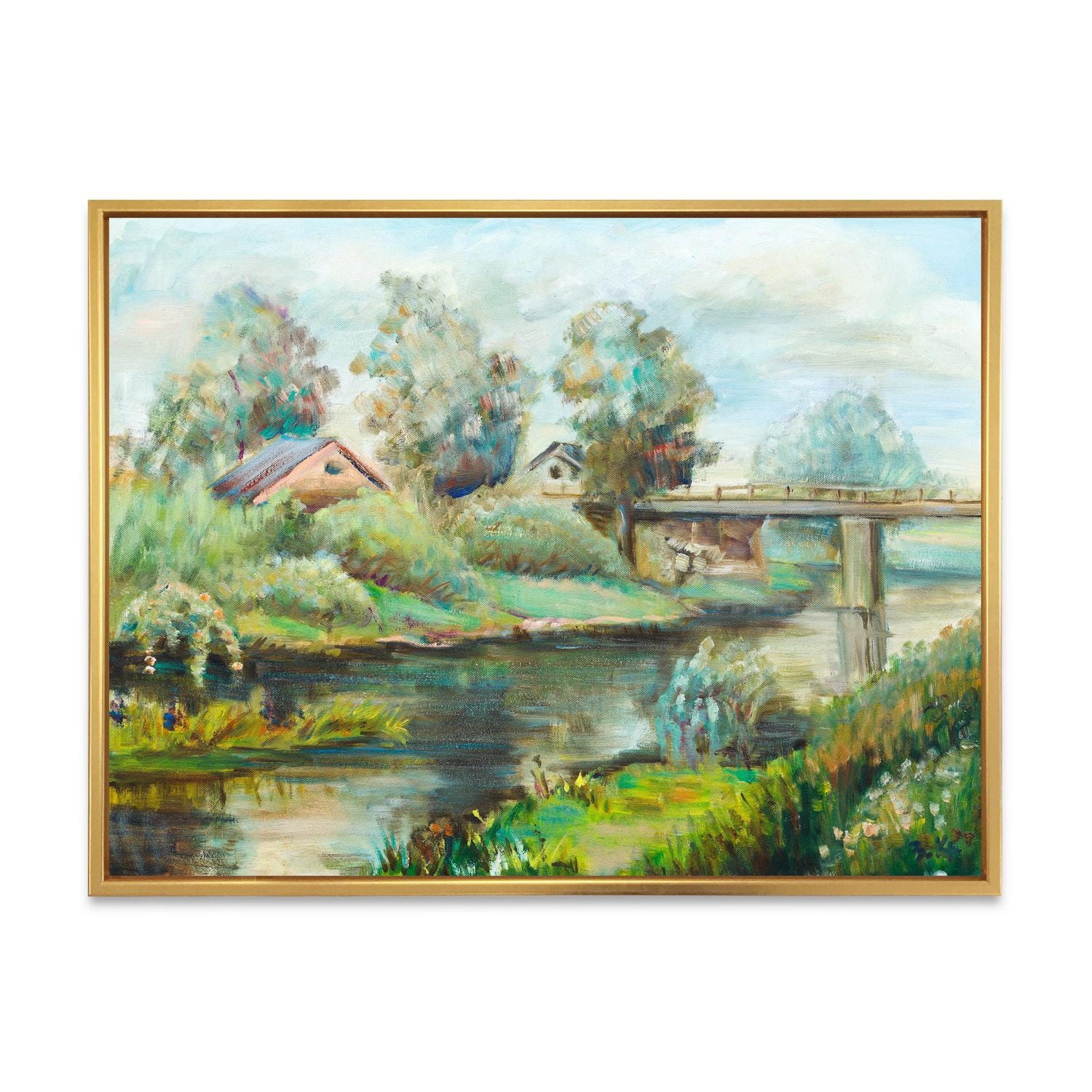 Designart Bridge On The River In Rustic Landscape FLOAT FRAME WALL ART ...