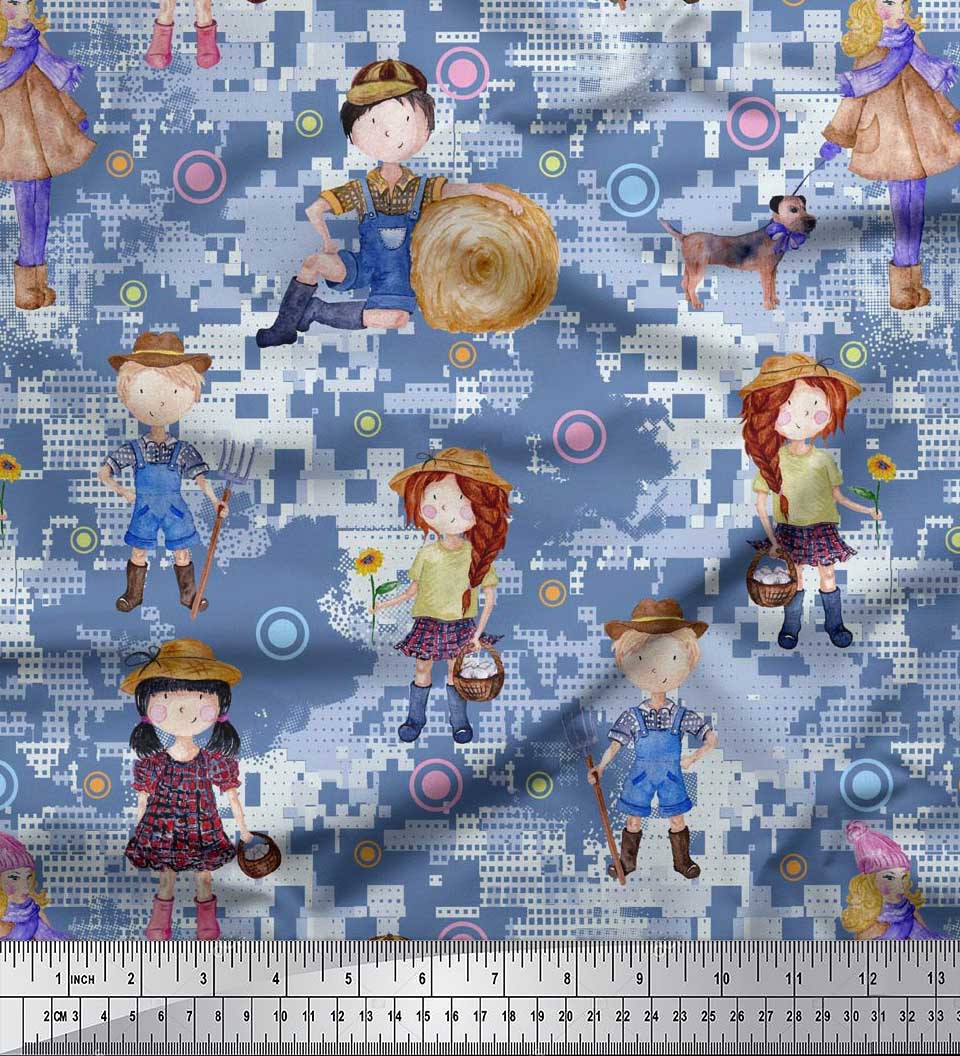 Soimoi Satin Silk Fabric Circle,Farm Boy & Girl Kids Printed Fabric 1 ...