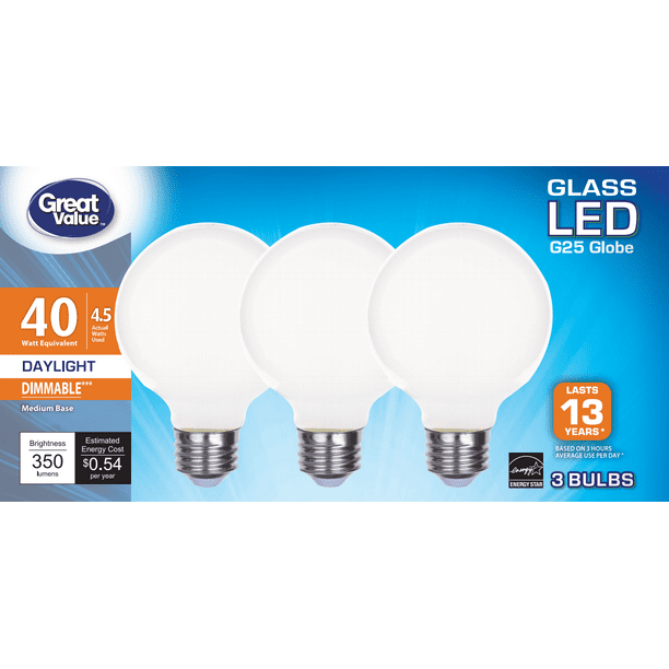 Great Value Deco LED Light Bulb G25 40 Watts Eqv. Daylight - Walmart ... Great Value Deco LED Light Bulb G25 40 Watts Eqv. Daylight - Walmart ...
