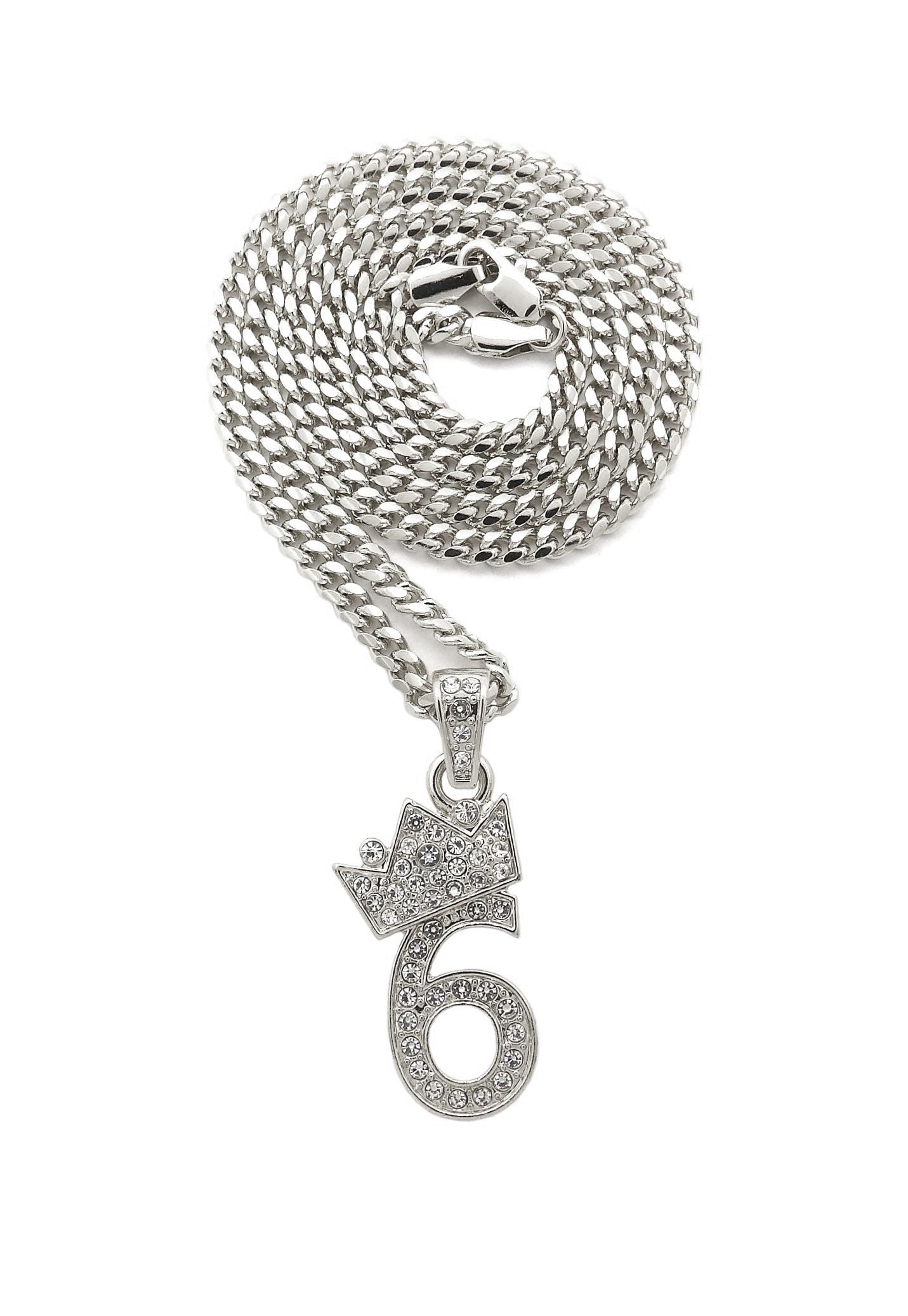 Stone Stud Tilted Crown Number Micro Pendant with 4mm Cuban Chain ...