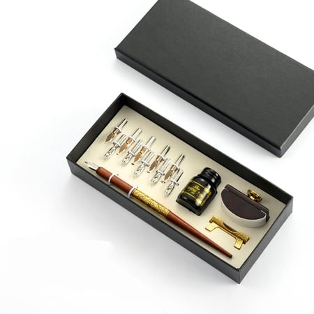 Wooden calligraphy set with holder, ink bottles & calligraphy nib ...