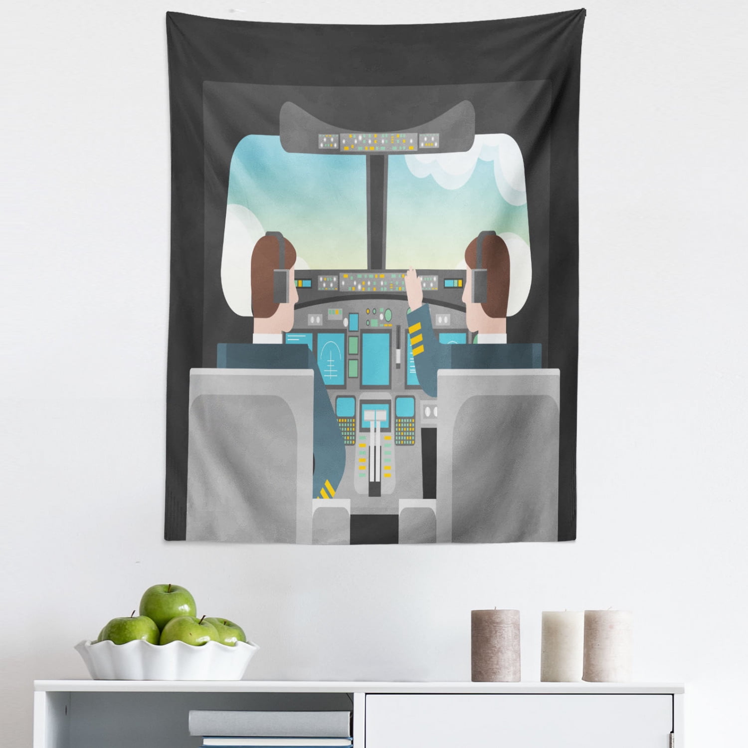 Airplane Cockpit Tapestry, Airline Pilots Controlling and Flying the ...