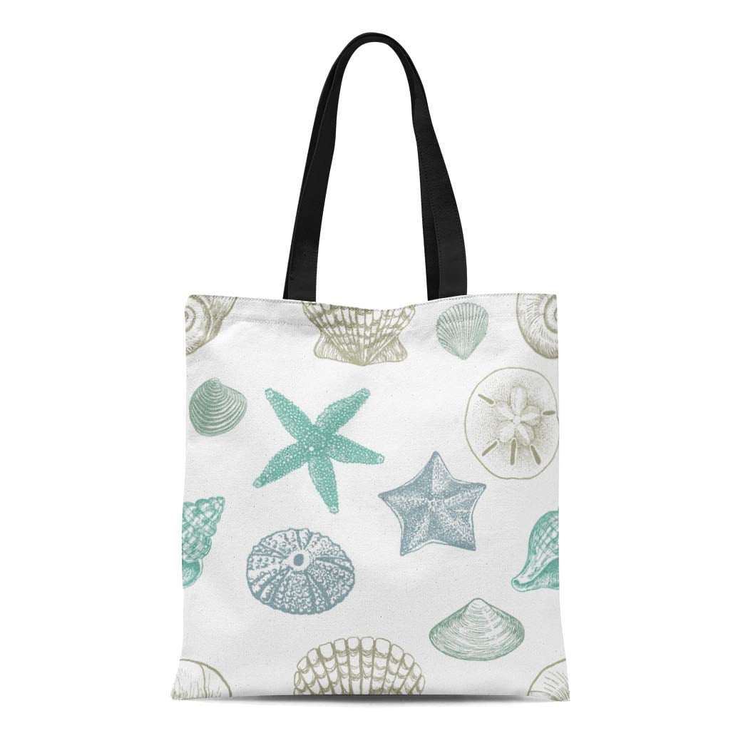 ASHLEIGH Canvas Tote Bag Blue Mint Sea Shells Sand Nautical Beach Ocean ...