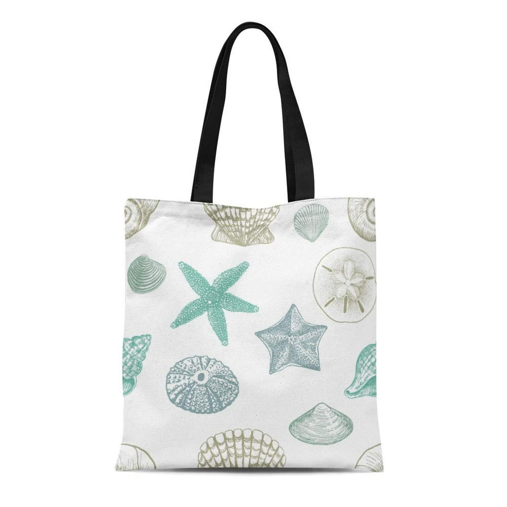 ASHLEIGH Canvas Tote Bag Blue Mint Sea Shells Sand Nautical Beach Ocean ...