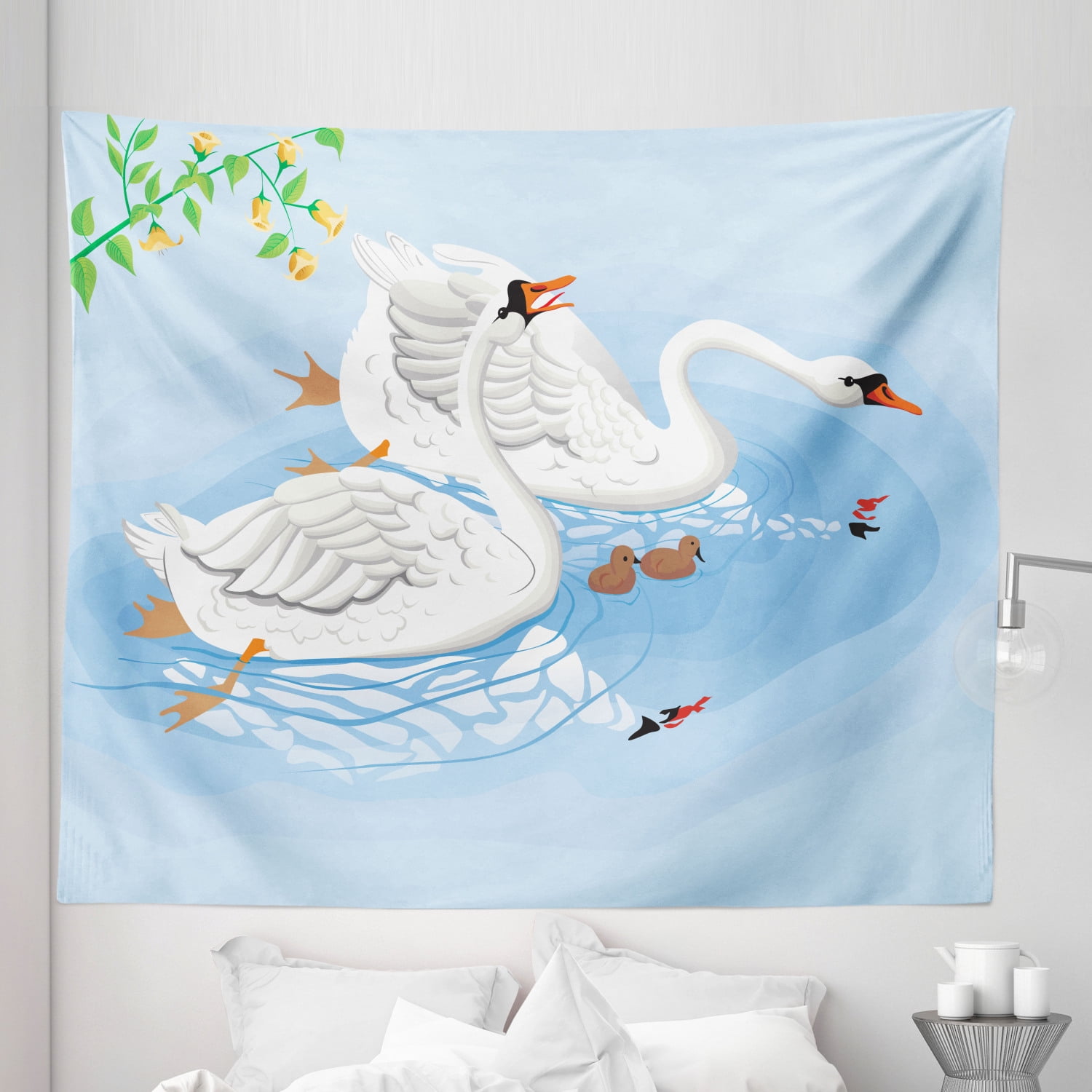 Swans Tapestry, Gracious Animals in River Reflections Floral Art ...