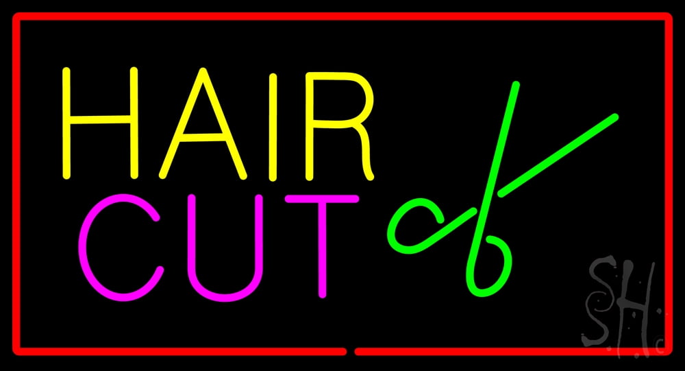 Hair Cut Logo with Red Border LED Neon Sign 13 x 24 - inches, Black ...