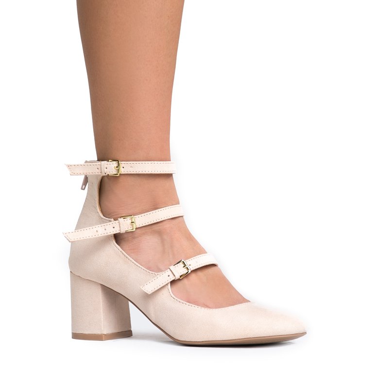 MY TWIN Brown Leather Block Heels Multi Buckle Pumps Shoes