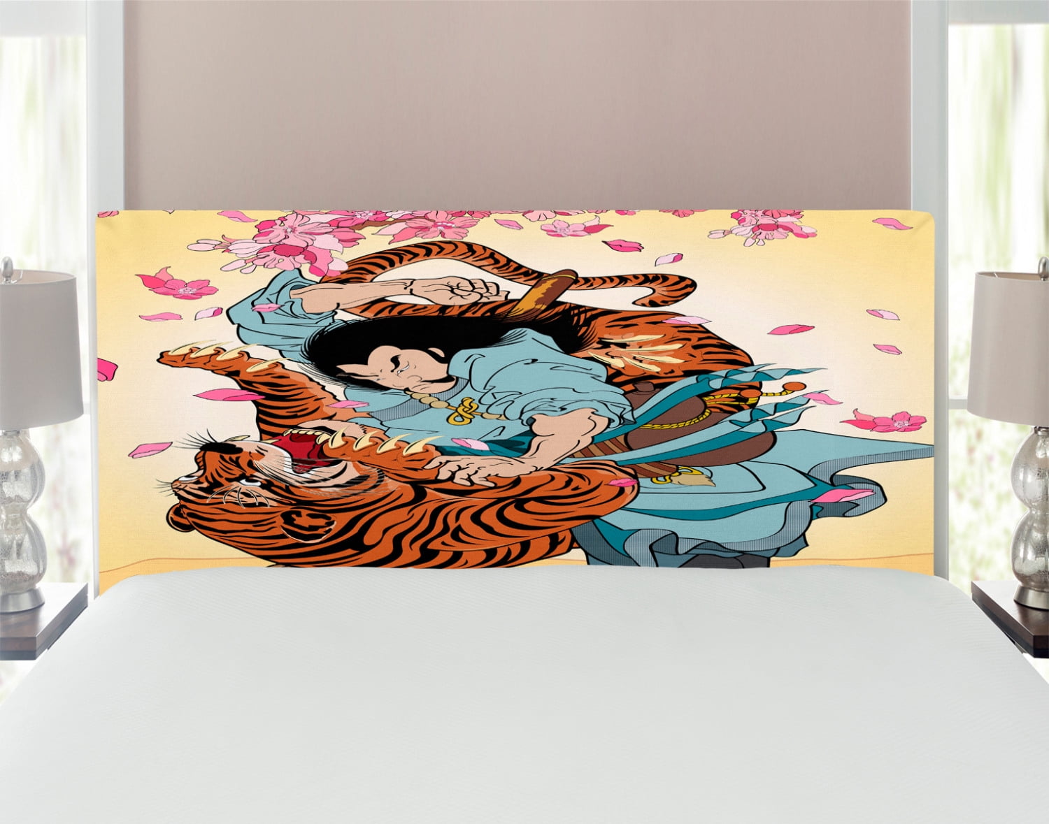 Japanese Headboard, Brave Samurai Tiger Clash Turn into Floral Sakura ...