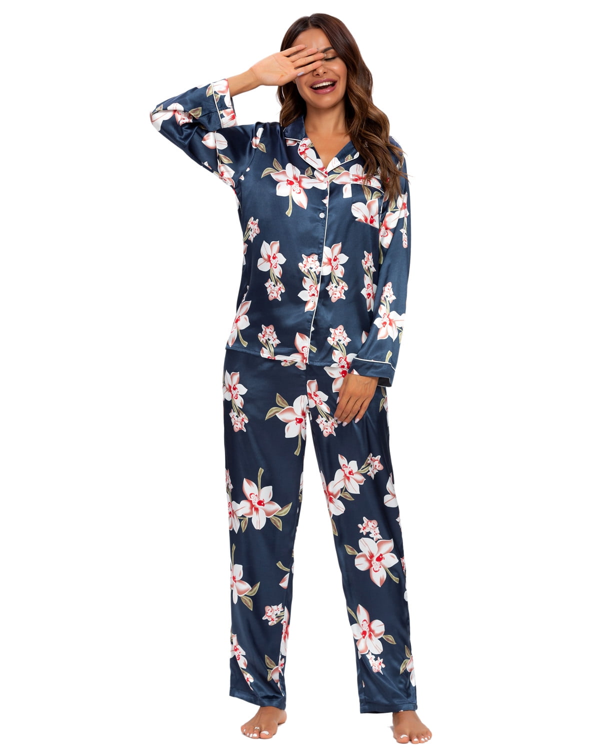 Mintlimit Womens Silk Satin Floral Pajamas Set Button Down Long Sleeve