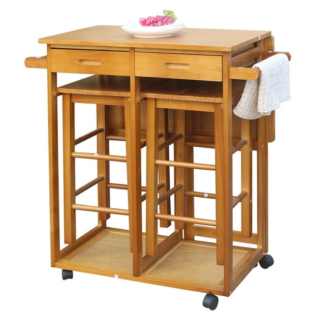 UWR-Nite 3Pcs Drop Leaf Table, Rolling Kitchen Cart, Kitchen Island ...