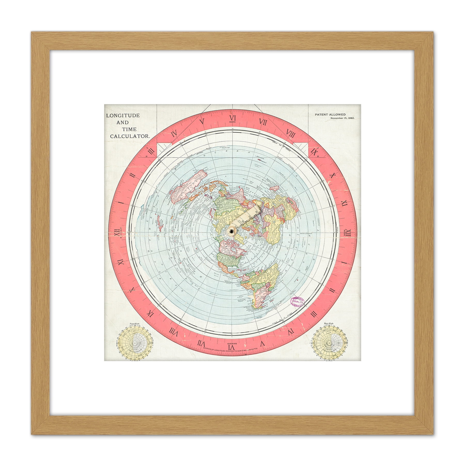 Map Gleason 1892 World Time Calculator Flat Earth 8X8 Inch Square ...