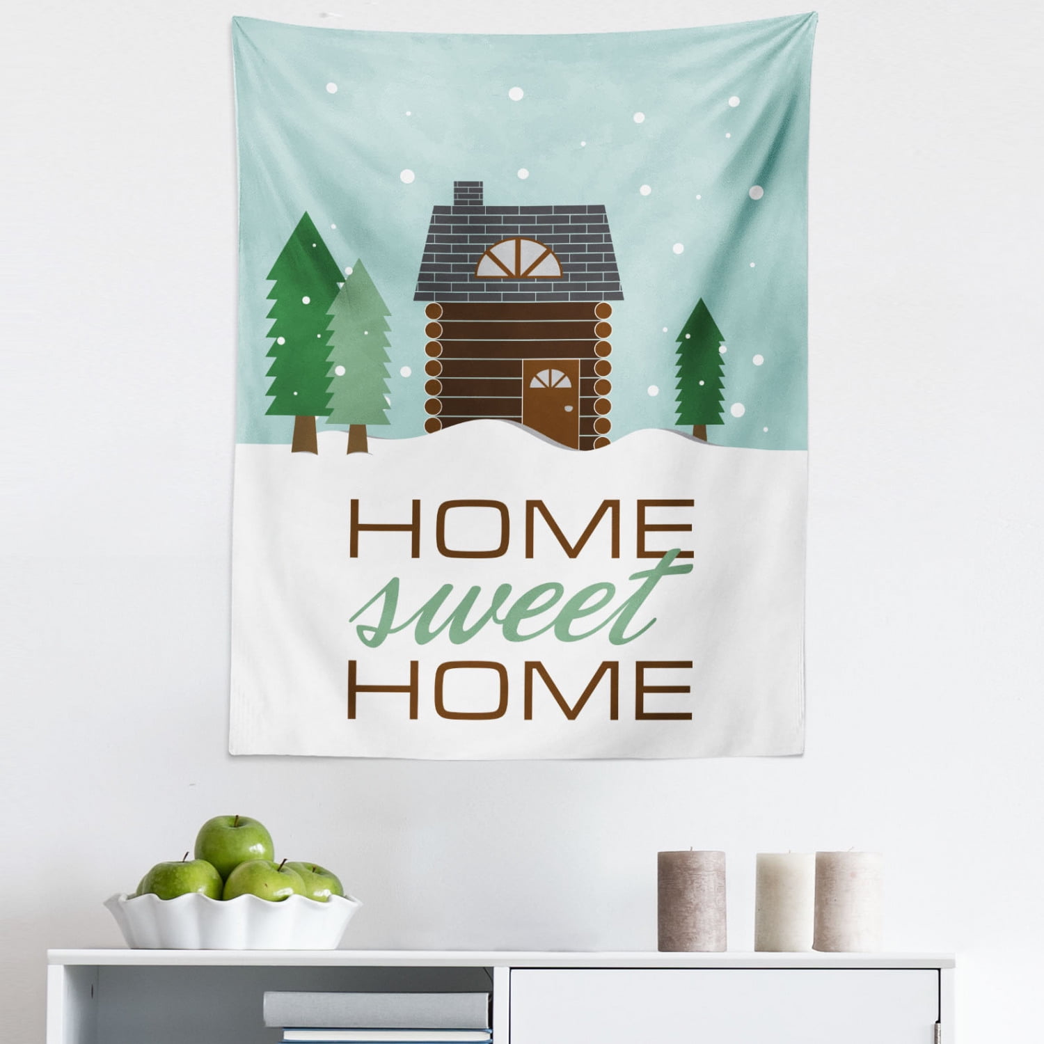 Log Cabin Tapestry, Text Illustration of a Rustic Lodge Ornamented with ...