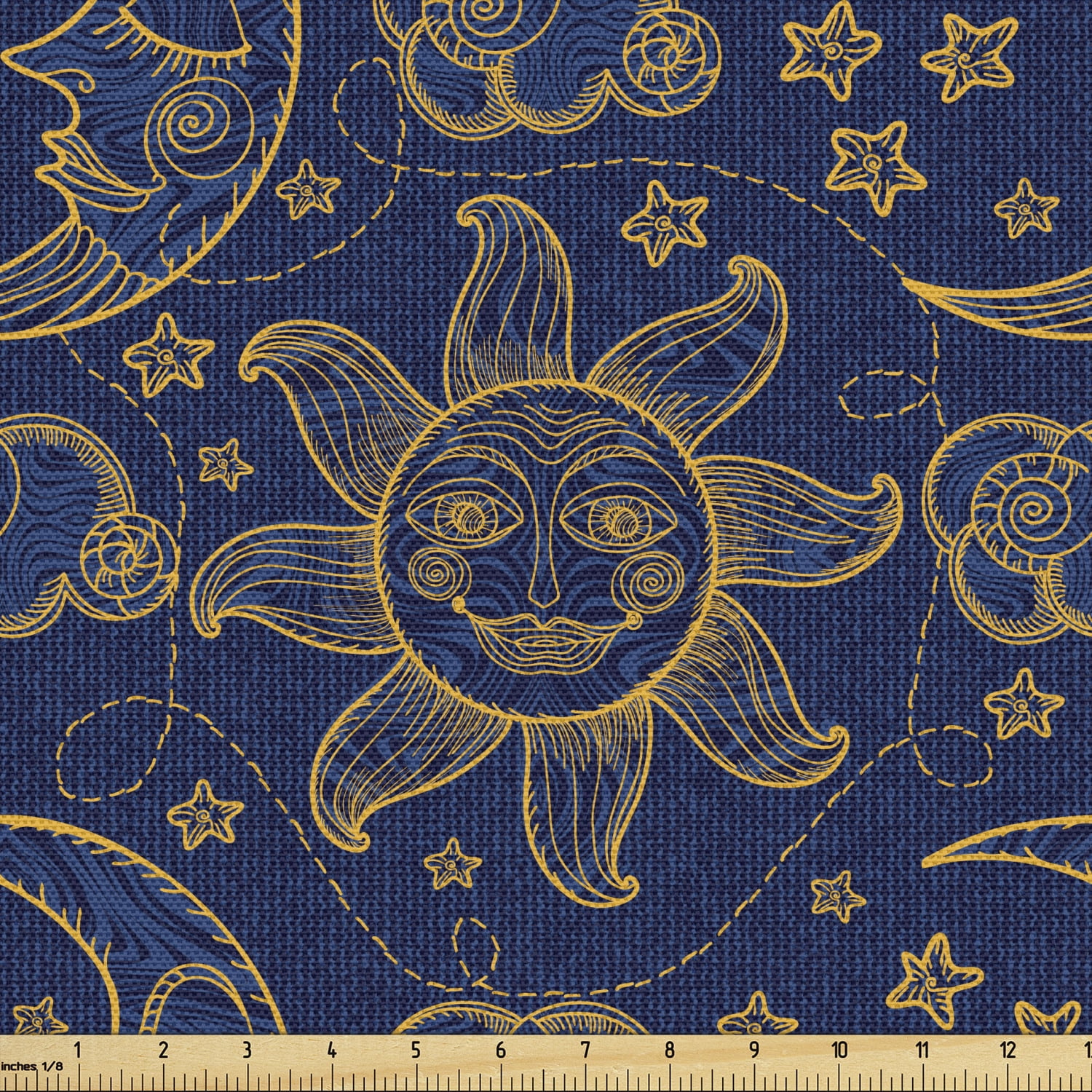 Sun Fabric by the Yard, Doodle Style Star Motif with Stripes and Curved ...