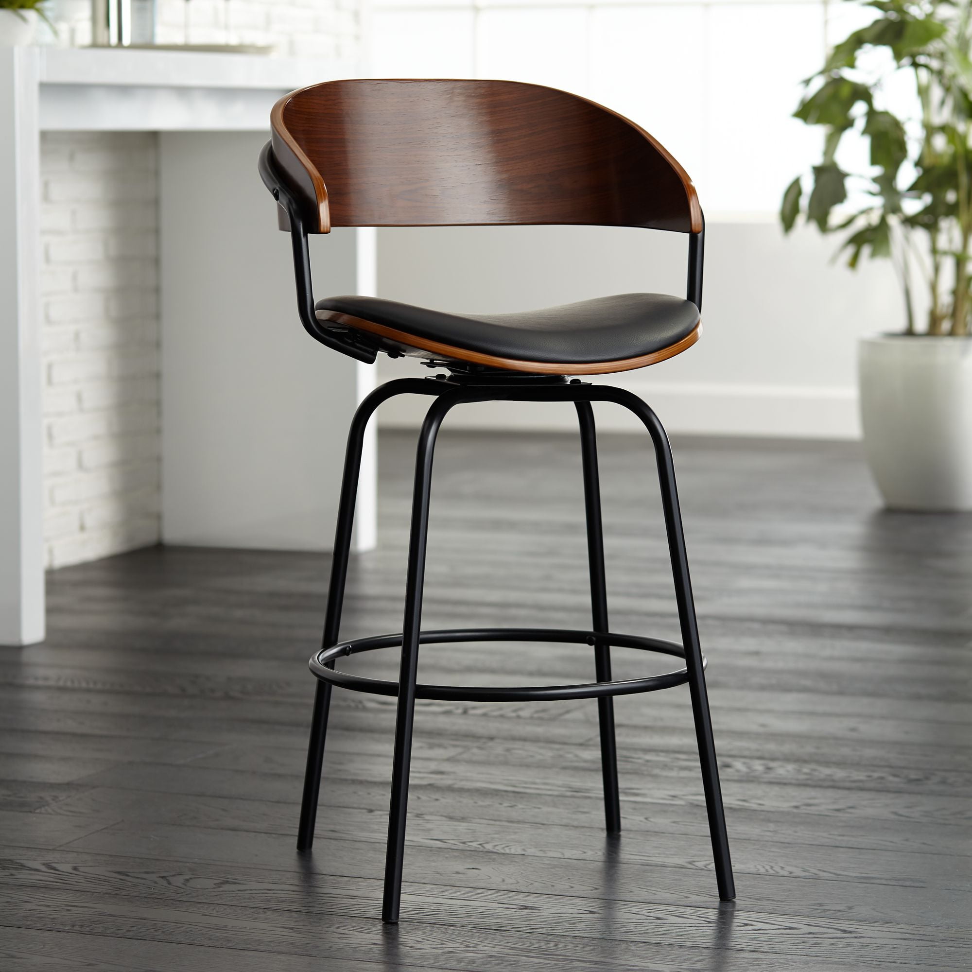 Elm Lane Walnut Metal Swivel Bar Stool Black 26 Elm Lane Walnut Metal Swivel Bar Stool Black 26