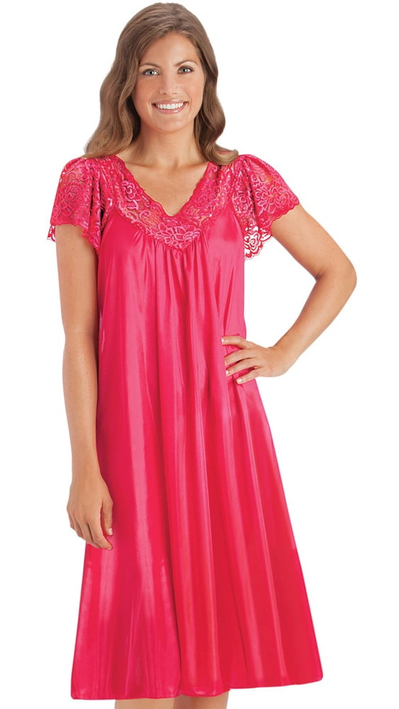 Collections Etc Women's Silky Lace Trim V-Neckline Knee-Length ...