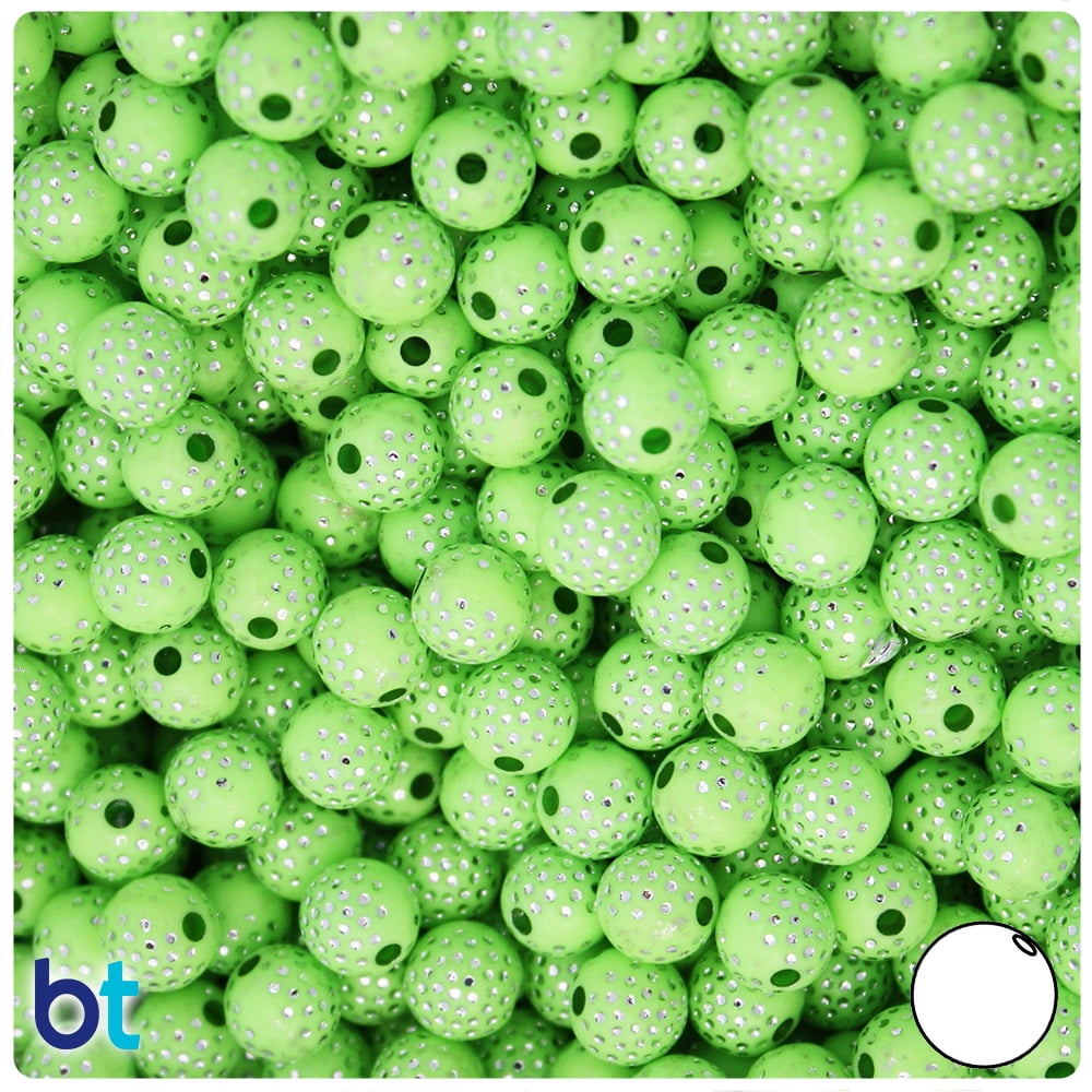 BeadTin Light Green Opaque 8mm Round Plastic Accent Beads - Silver Dots ...