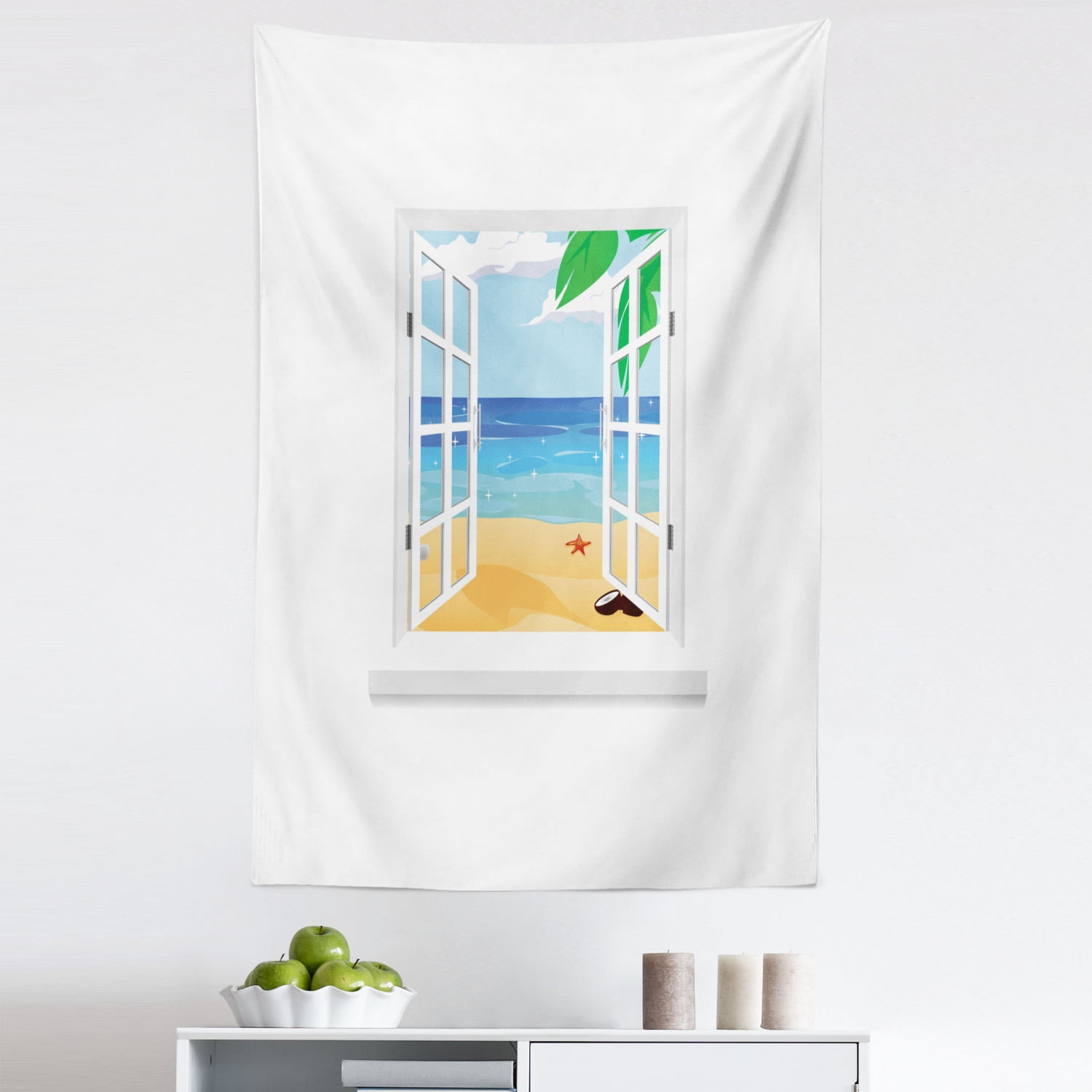 Beach Tapestry, View from Window Ocean with Coconut Leaves Starfish ...