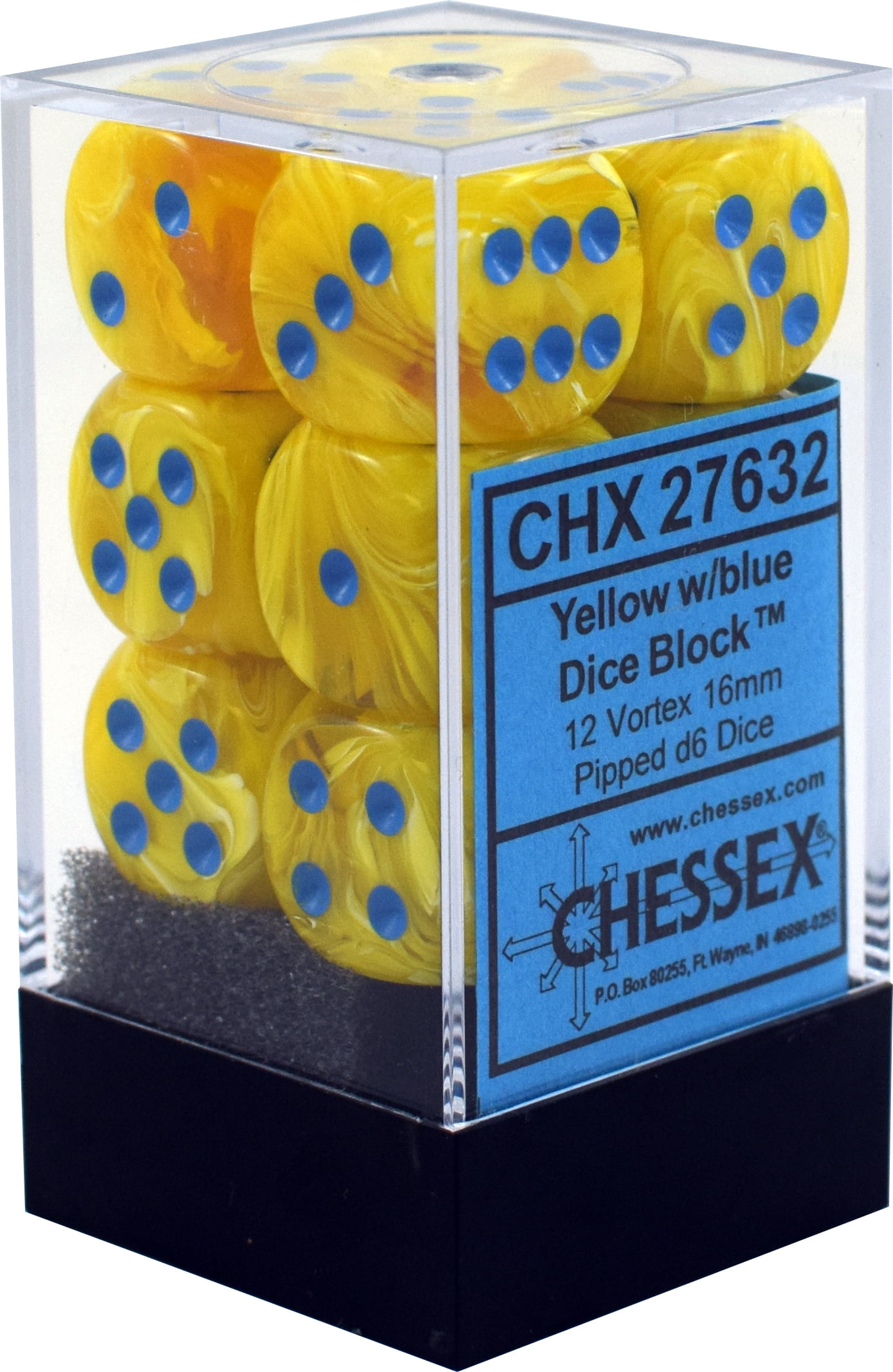 Chessex Vortex Yellow W Blue 16mm Standard 12 Dice Set Chx27632
