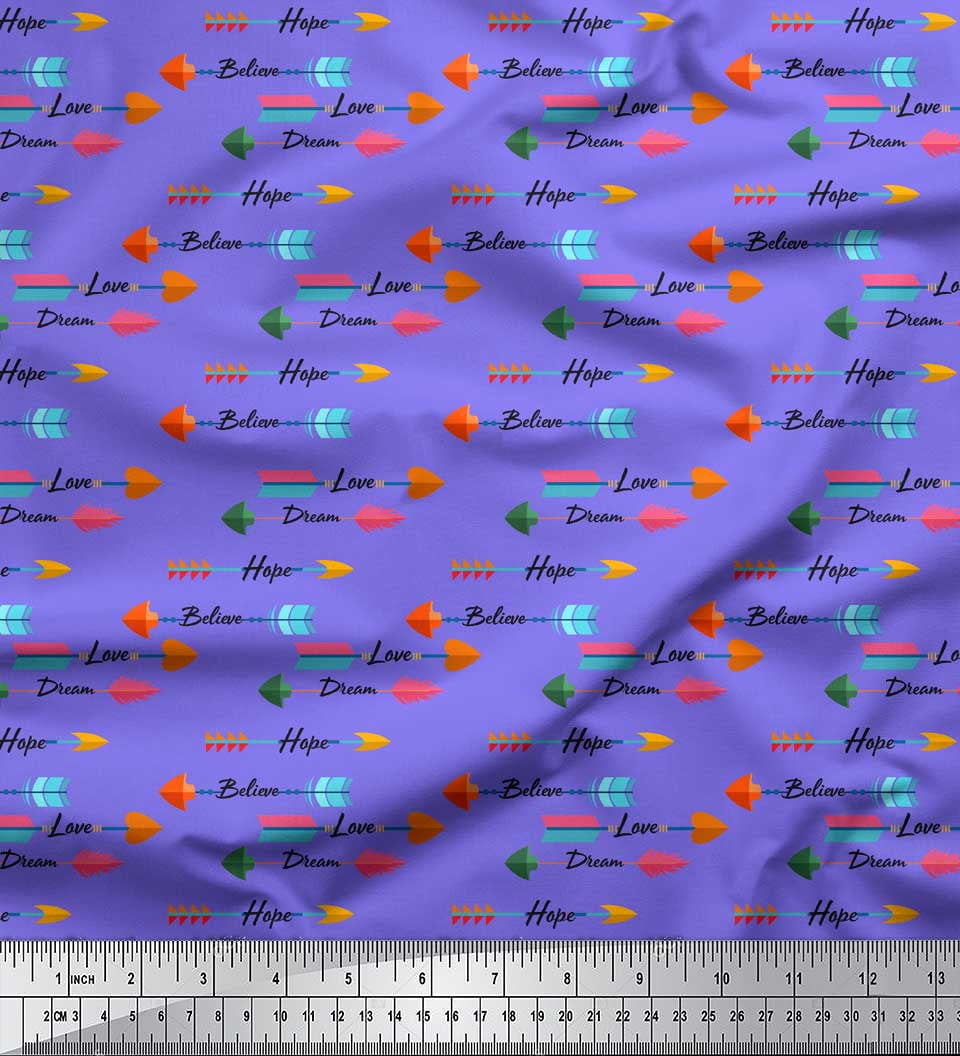 Soimoi Purple Japan Crepe Satin Fabric Arrow & Text Print Fabric by ...