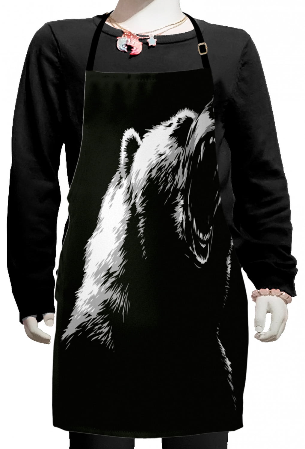 Bear Kids Apron, Sketch Line Style Roaring Carnivore Fur and Fangs ...