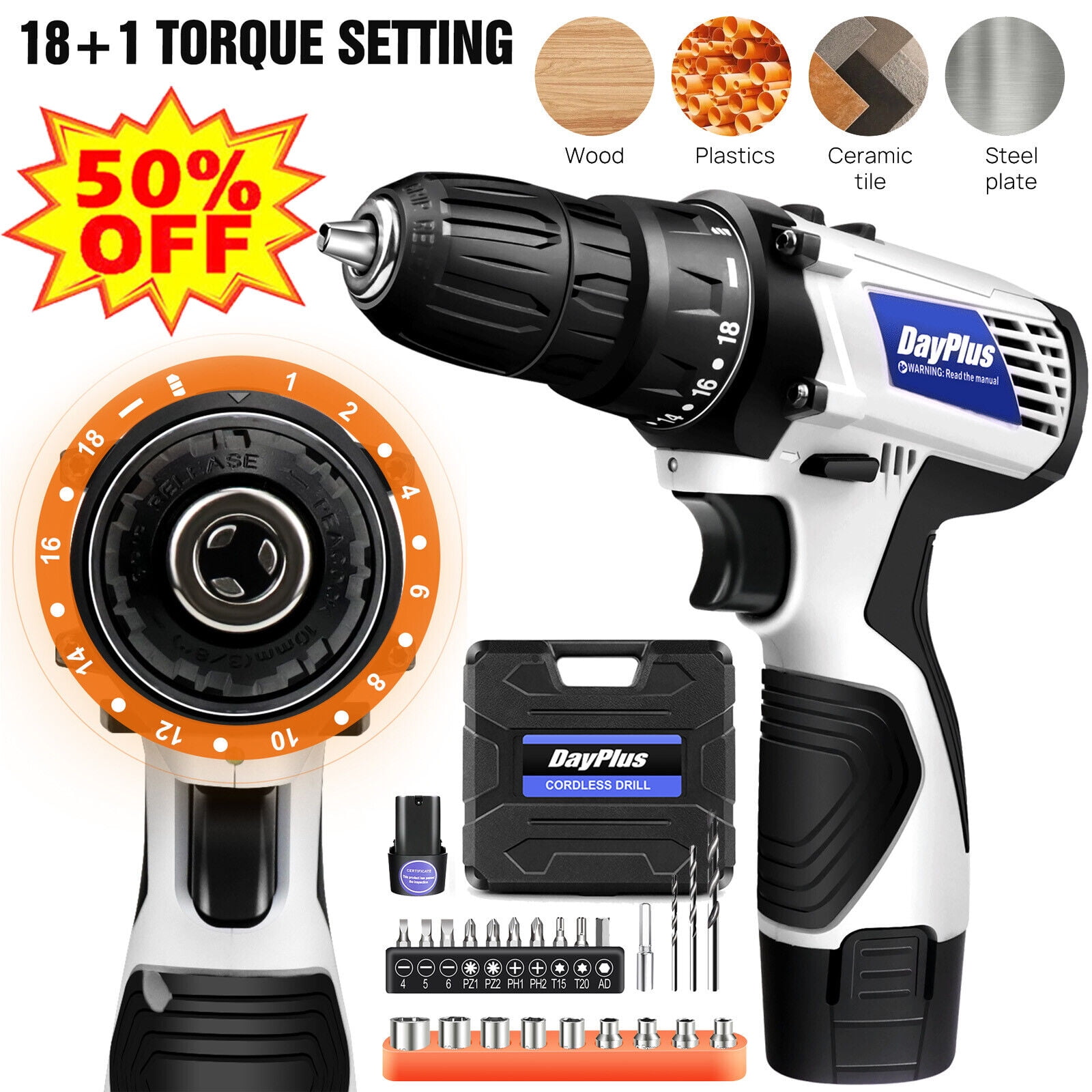 Dayplus Cordless Combi Drills Driver LED Worklight Screwdriver 2Pcs Li ...