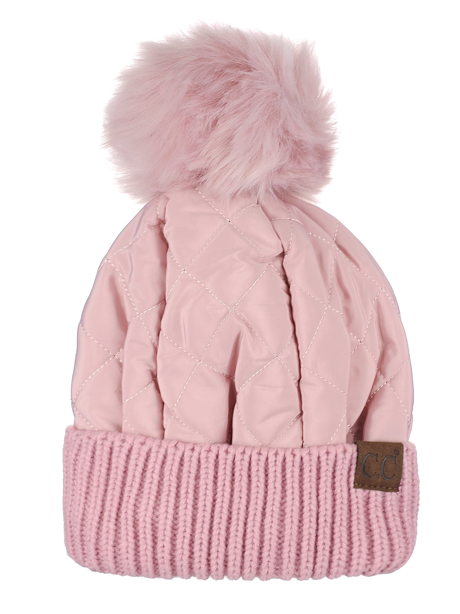 C.C Soft Quilted Puffer Detachable Faux Fur Pom Inner Lined Cuff Beanie ...